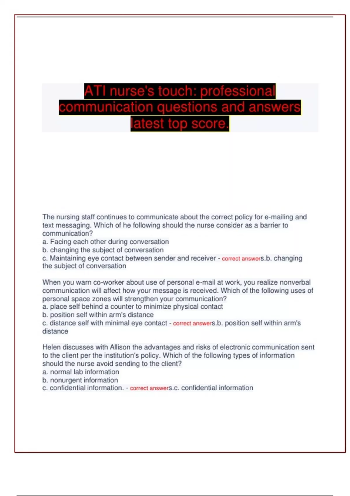 ATI nurse's touch: professional communication questions and answers ...