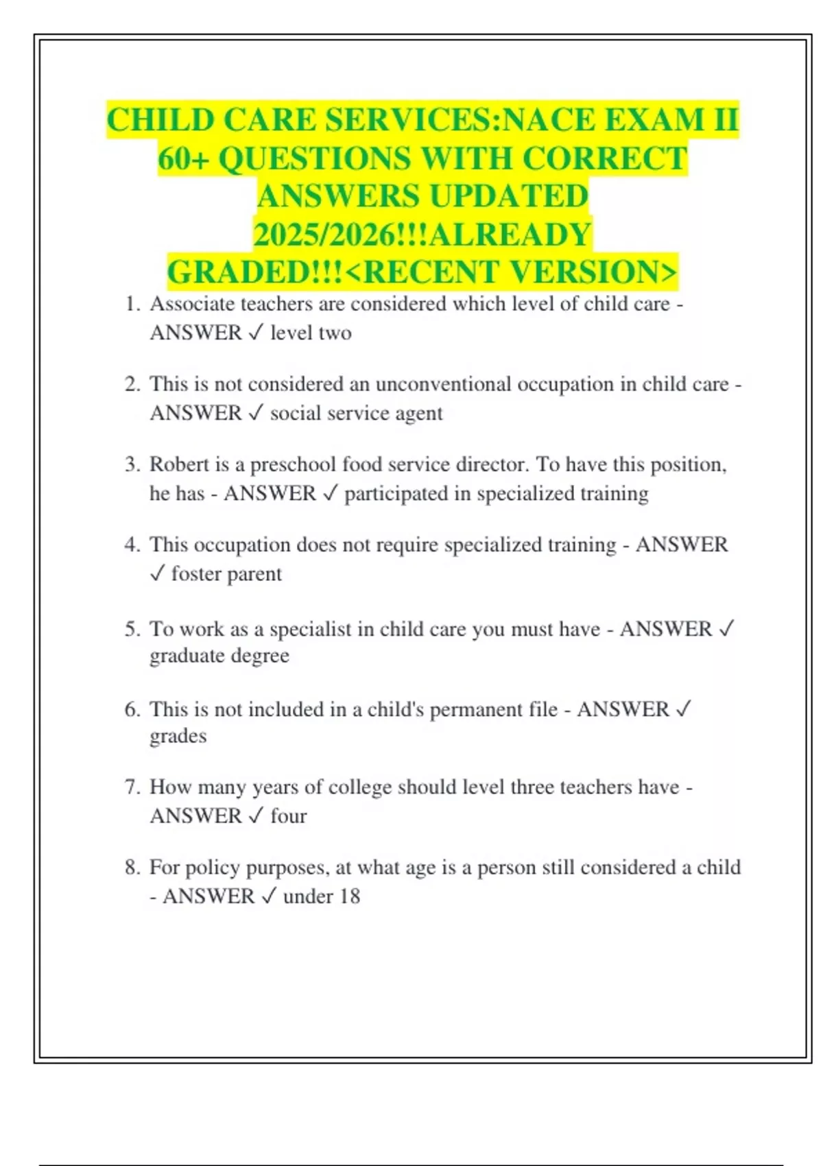 CHILD CARE SERVICES:NACE EXAM II 60+ QUESTIONS WITH CORRECT ANSWERS ...