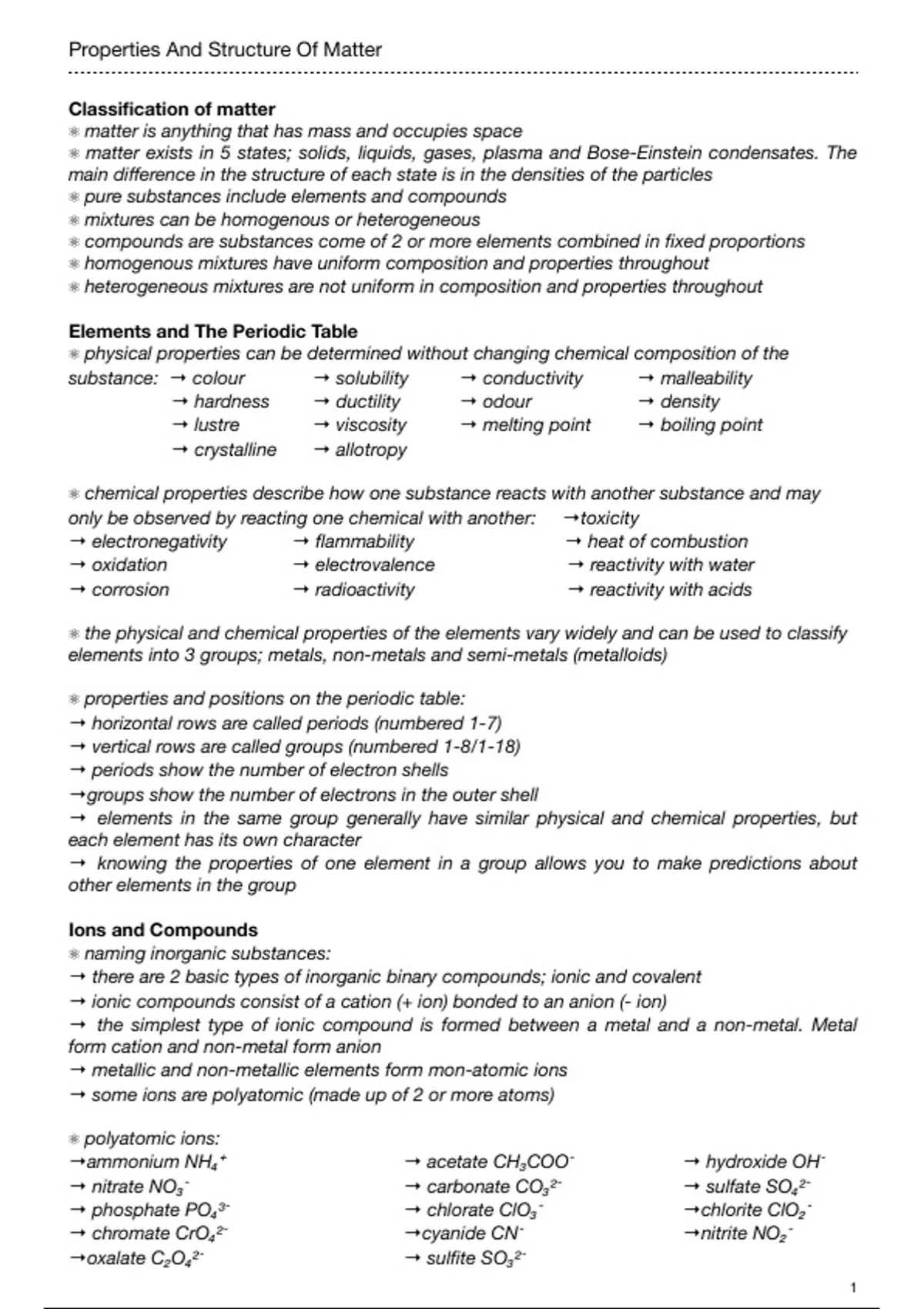 Summary Year 11 chemistry - properties & structure of matter ...