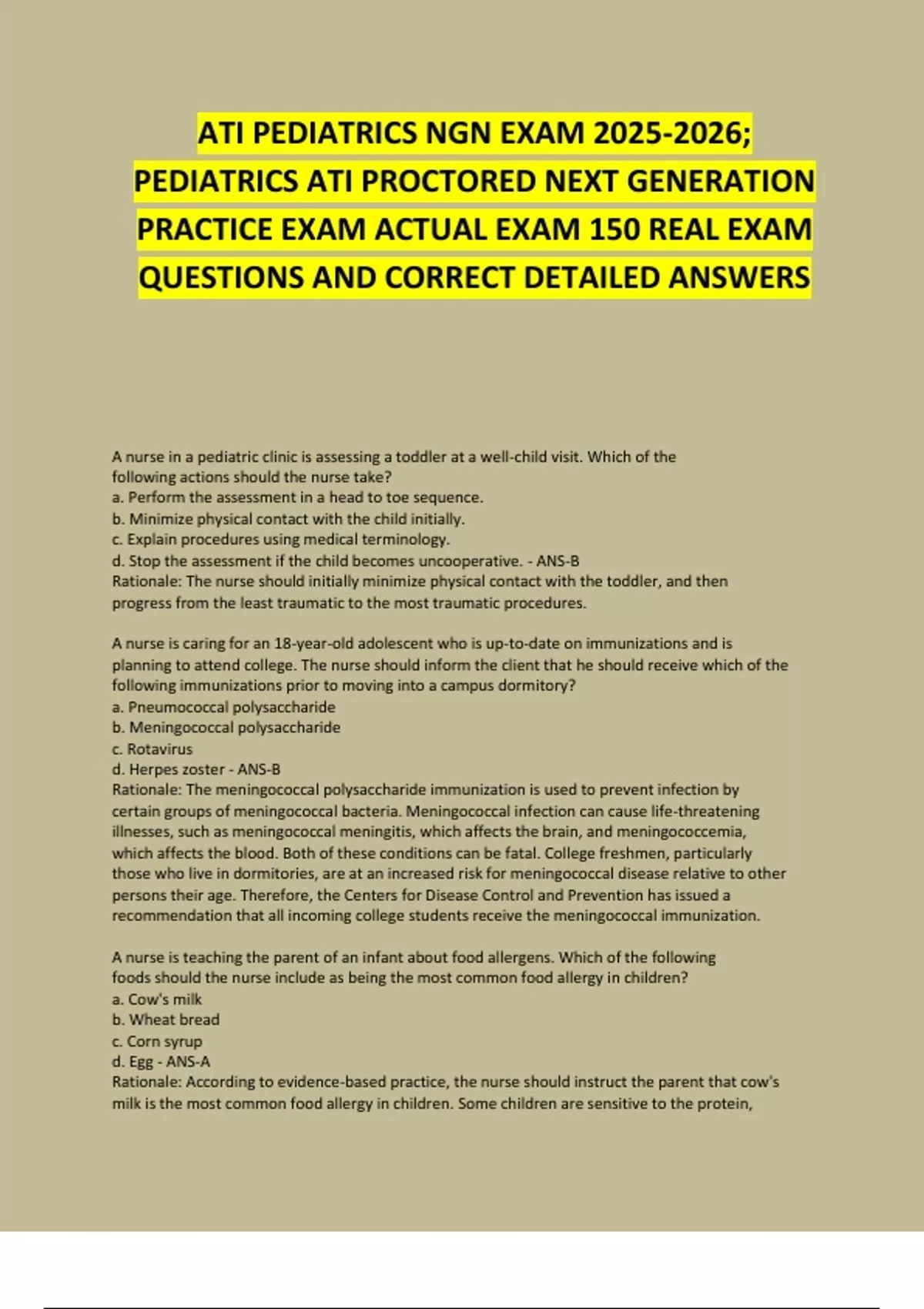 ATI PEDIATRICS NGN EXAM ; PEDIATRICS ATI PROCTORED NEXT GENERATION ...