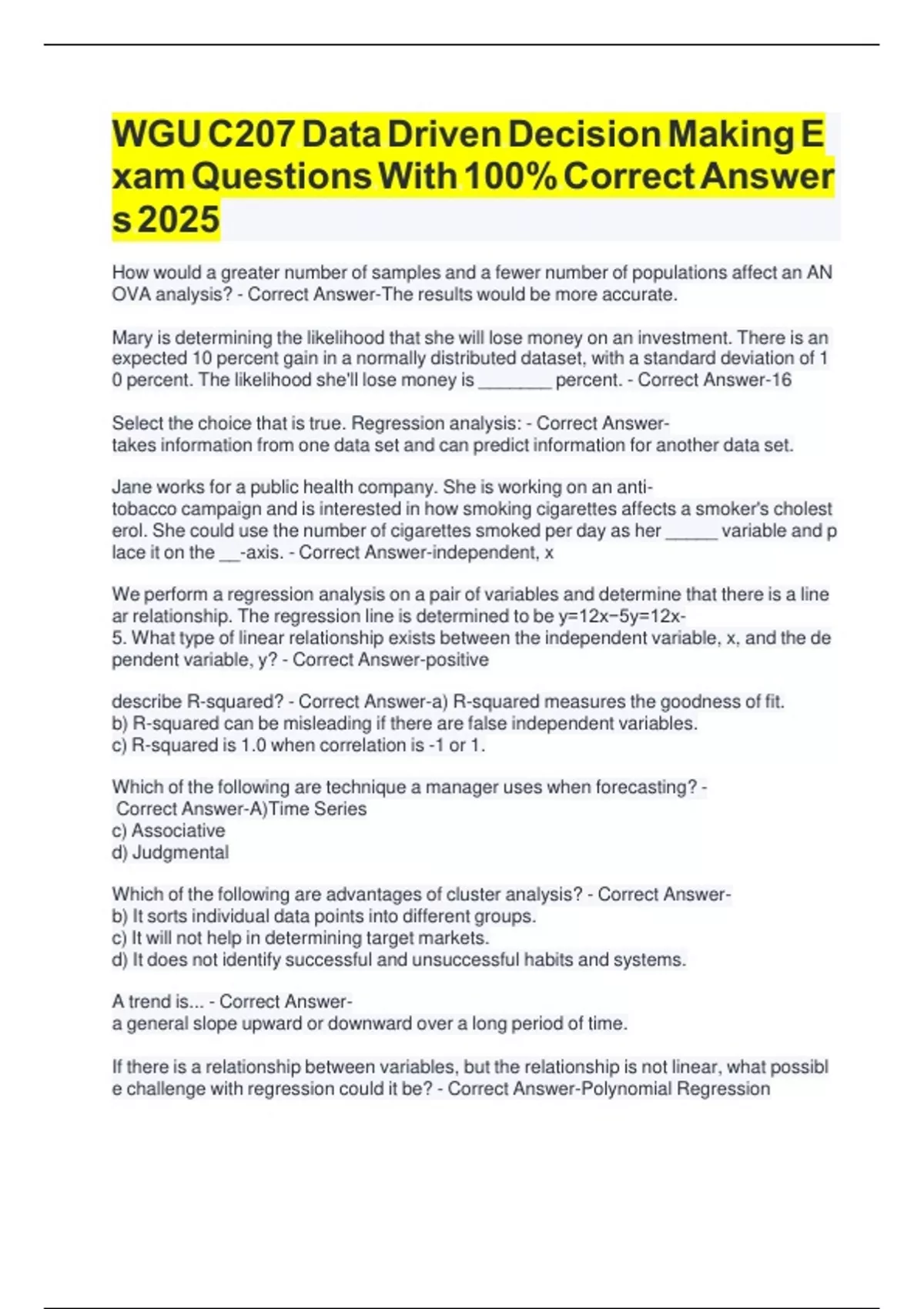 WGU C207 DATA DRIVEN DECISION MAKING EXAM 2025 PACKAGE DEAL - Stuvia US