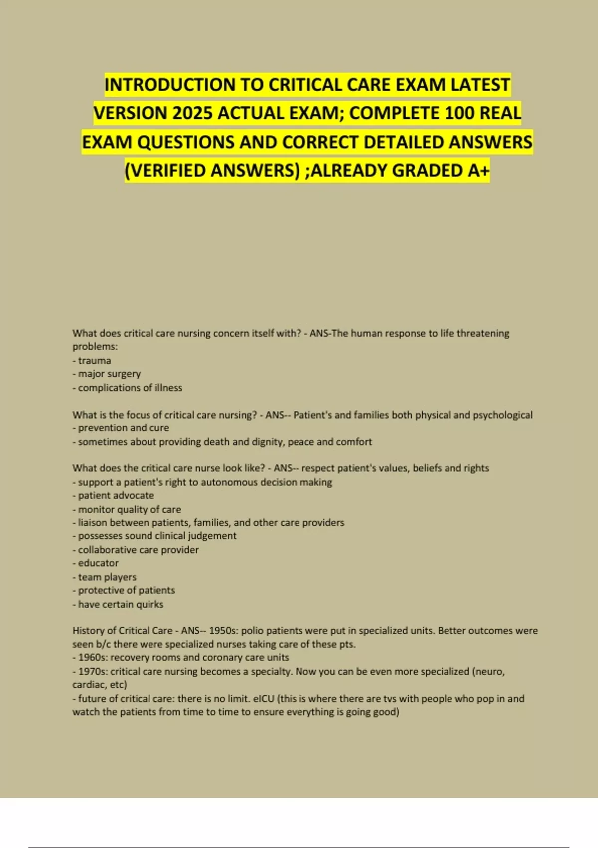 INTRODUCTION TO CRITICAL CARE EXAM LATEST VERSION 2025 ACTUAL EXAM ...
