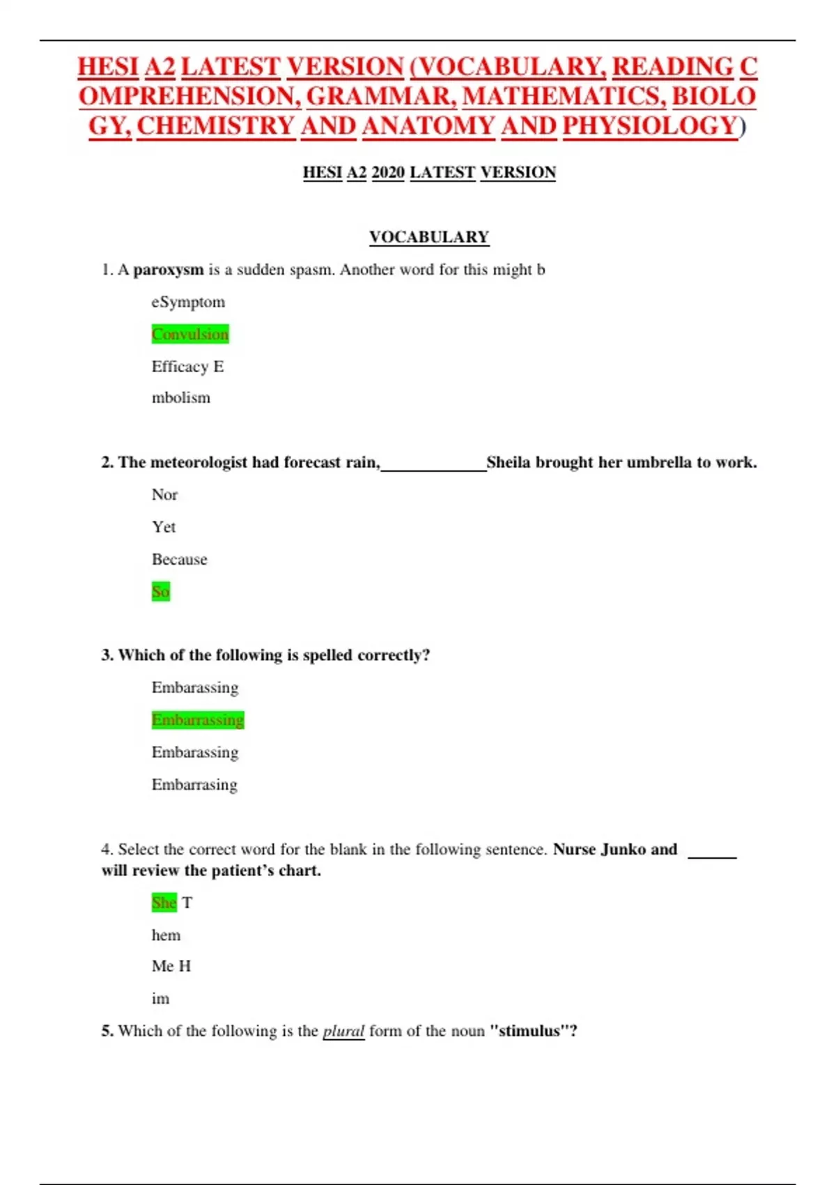 HESI A2 VERSION 2 - GRAMMAR , VOCABULARY AND READING QUESTIONS AND ...