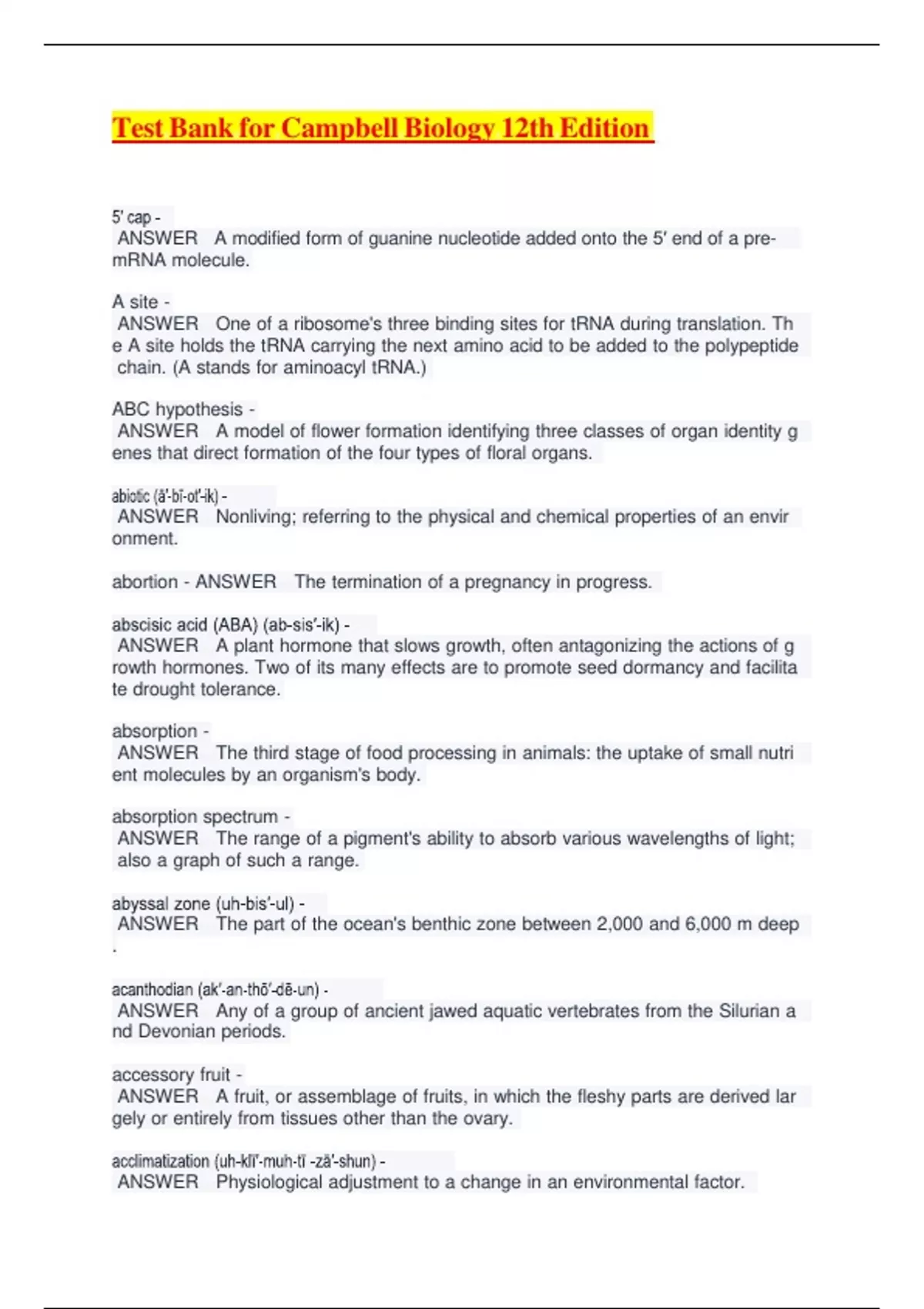 Test Bank Campbell Biology 9th Edition All Chapters, Complete Guide A+ ...