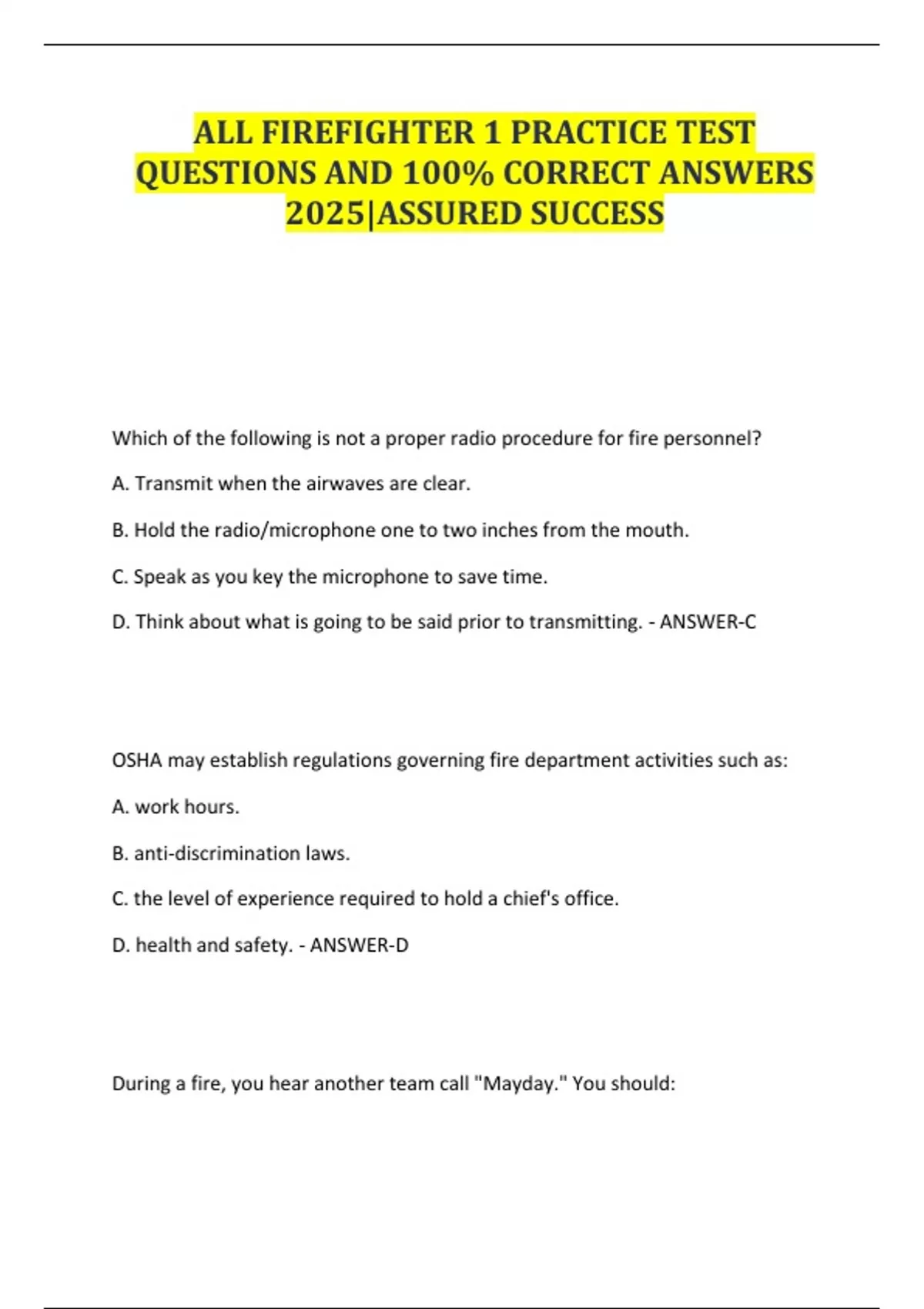 ALL FIREFIGHTER 1 PRACTICE TEST QUESTIONS AND 100% CORRECT ANSWERS 2025 ...
