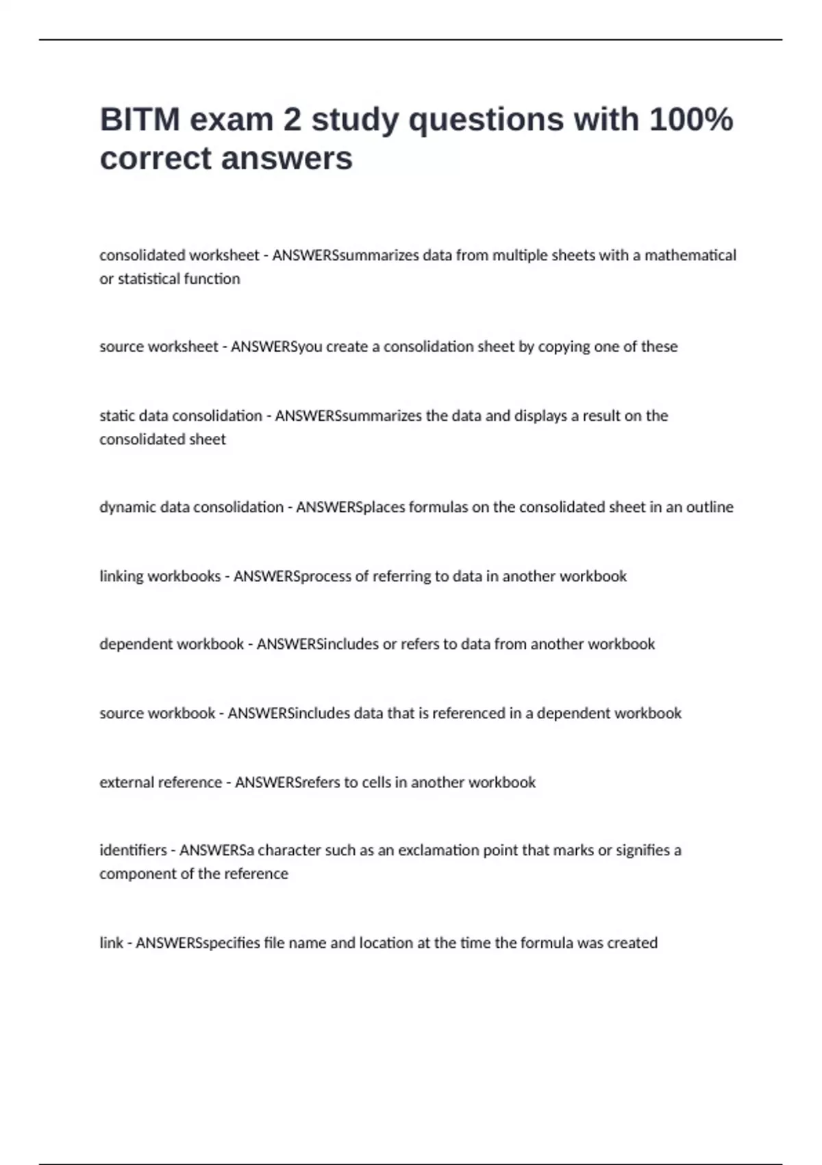BITM exam 2 study questions with 100% correct answers - BITM - Stuvia US