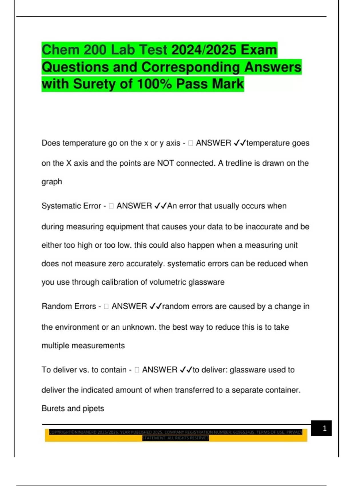 Chem 200 Lab Test 2024/2025 Exam Questions and Corresponding Answers ...