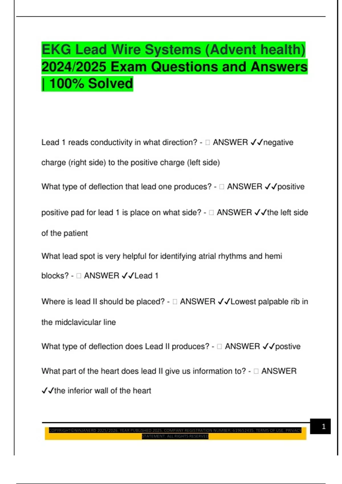 EKG Lead Wire Systems (Advent health) 2024/2025 Exam Questions and ...