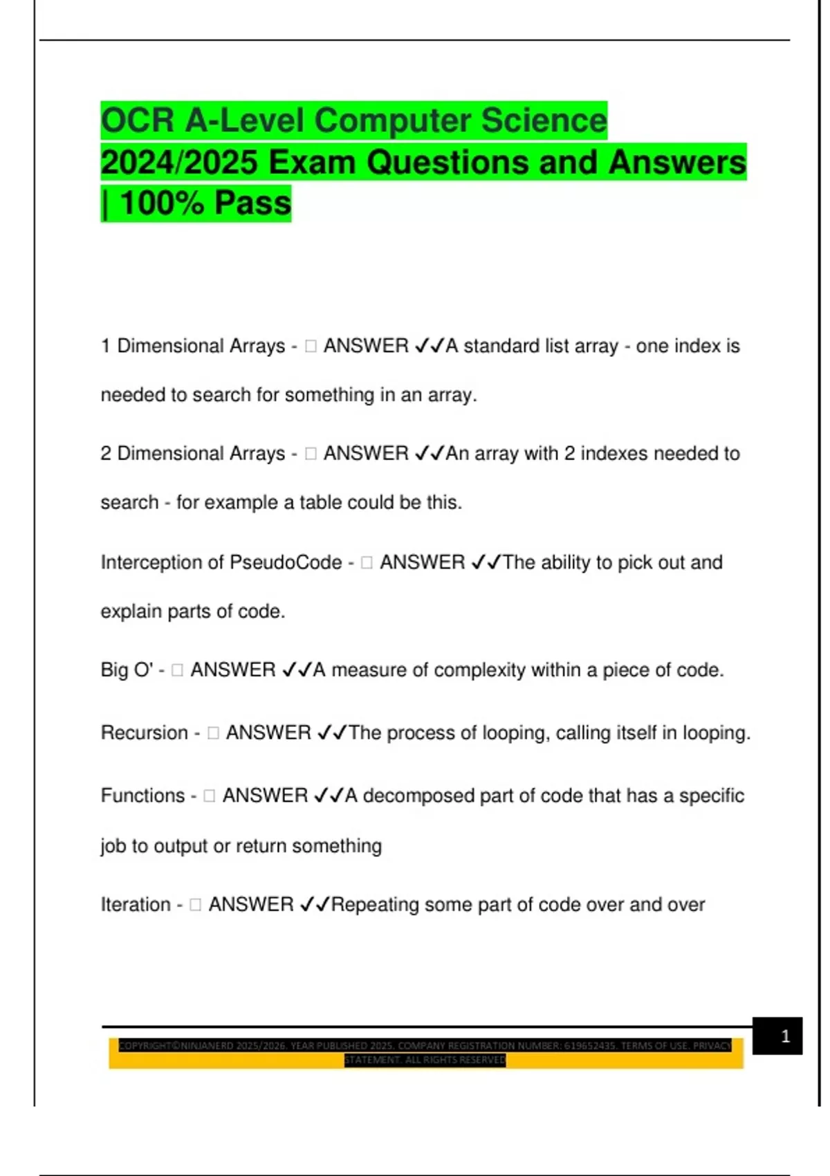 OCR A-Level Computer Science 2024/2025 Exam Questions and Answers | 100% Pass - OCR A-Level ...