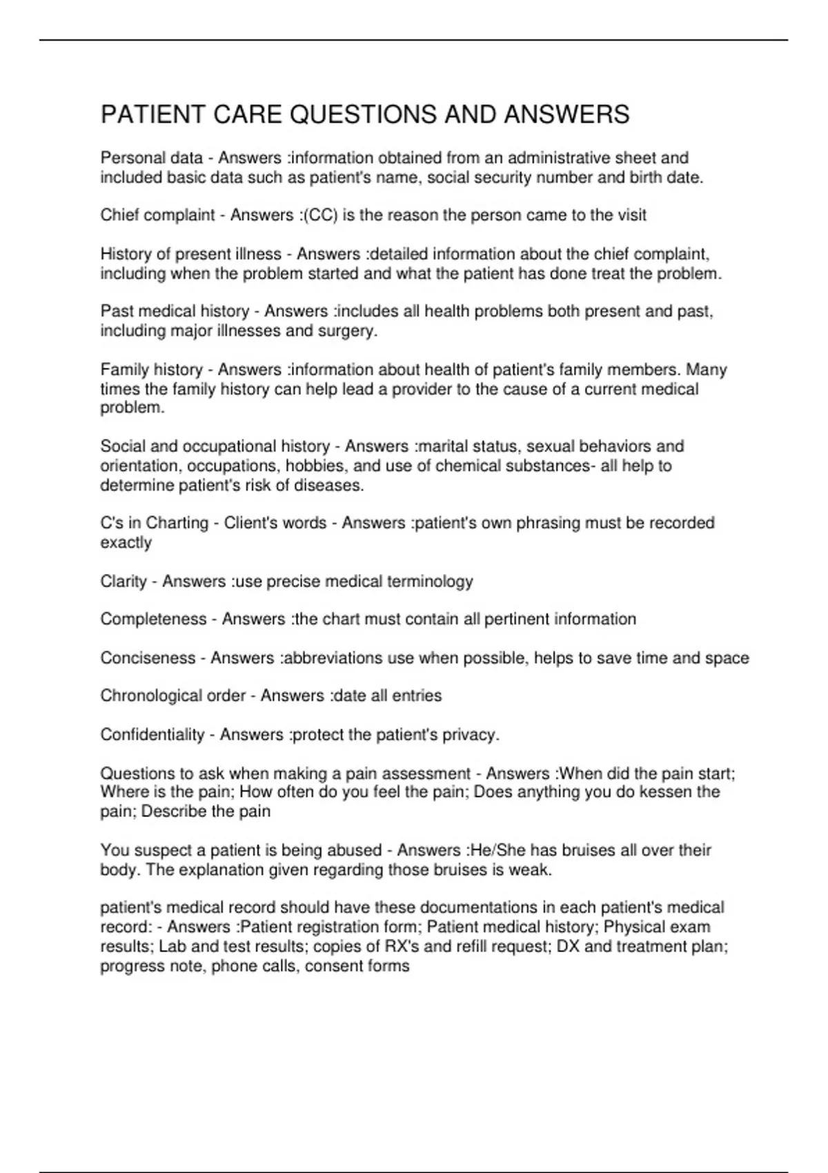 PATIENT CARE QUESTIONS AND ANSWERS - PATIENT CARE - Stuvia US