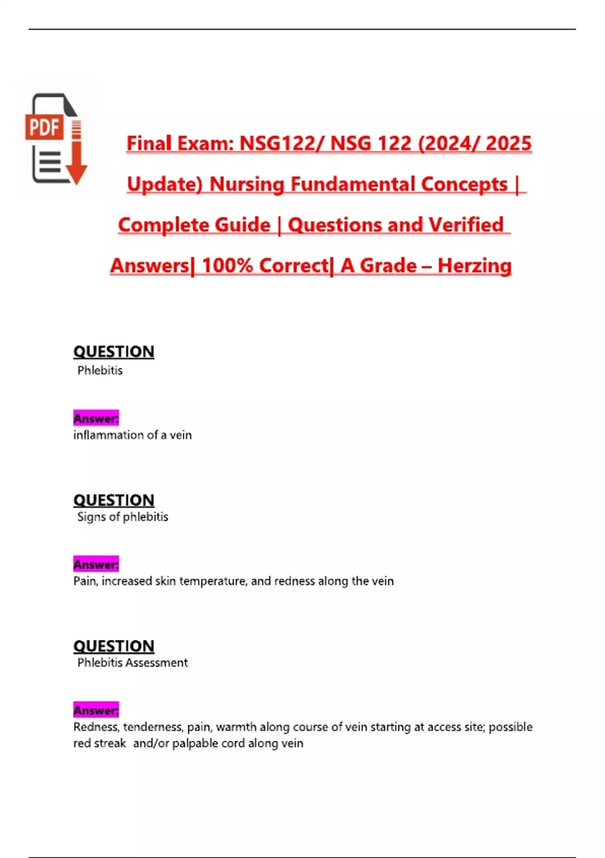 Final Exam: NSG122/ NSG 122 (2024/ 2025 Update) Nursing Fundamental ...