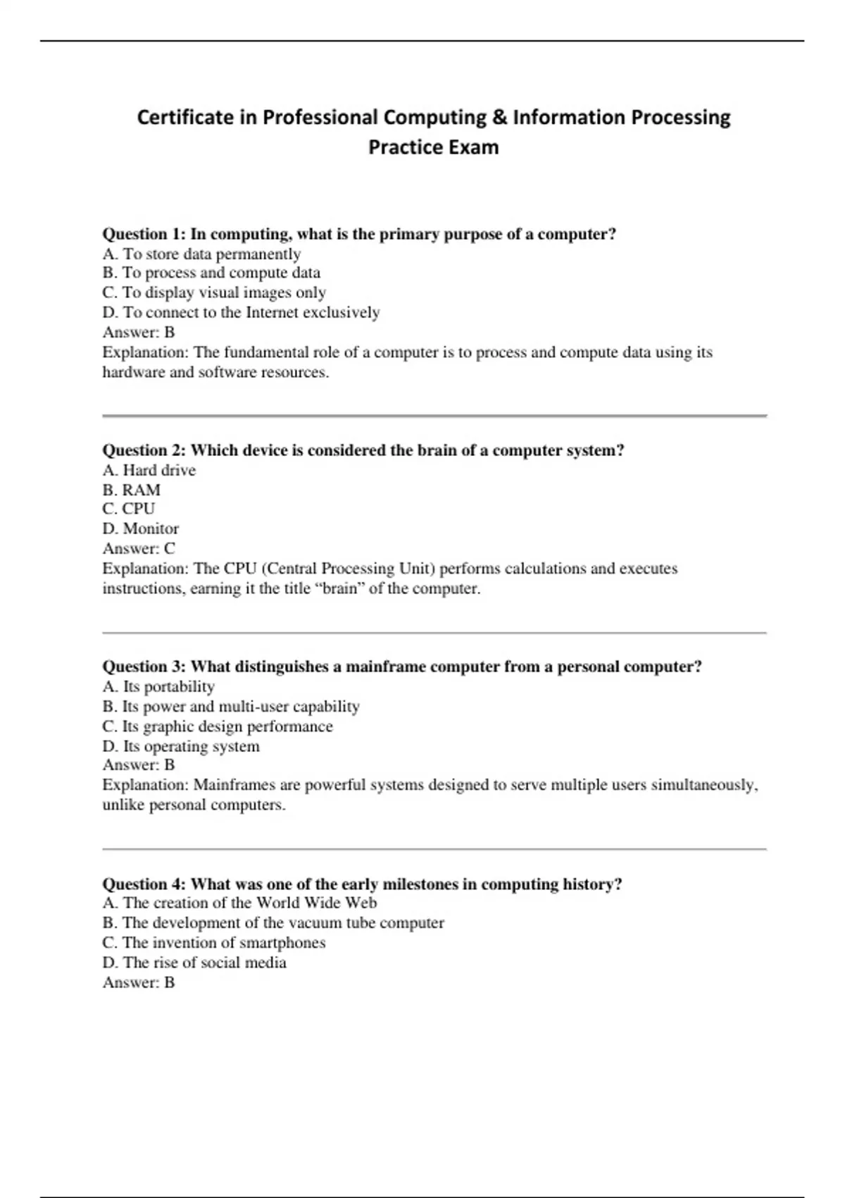 Certificate in Professional Computing & Information Processing Practice Exam - Computers - Stuvia US