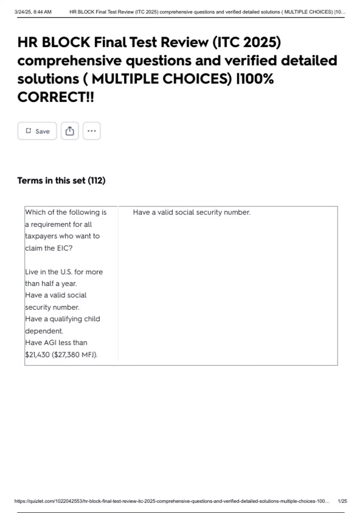 HR BLOCK Final Test Review (ITC 2025) comprehensive questions and ...
