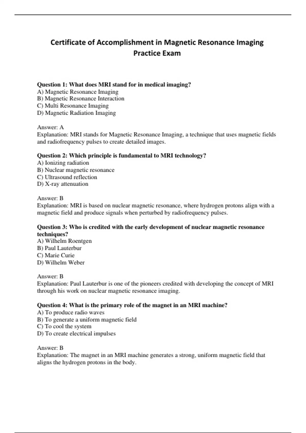 Certificate of Accomplishment in Magnetic Resonance Imaging Practice ...