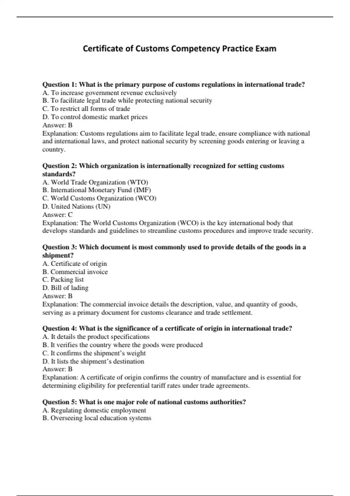 Certificate of Customs Competency Practice Exam - Computers - Stuvia US