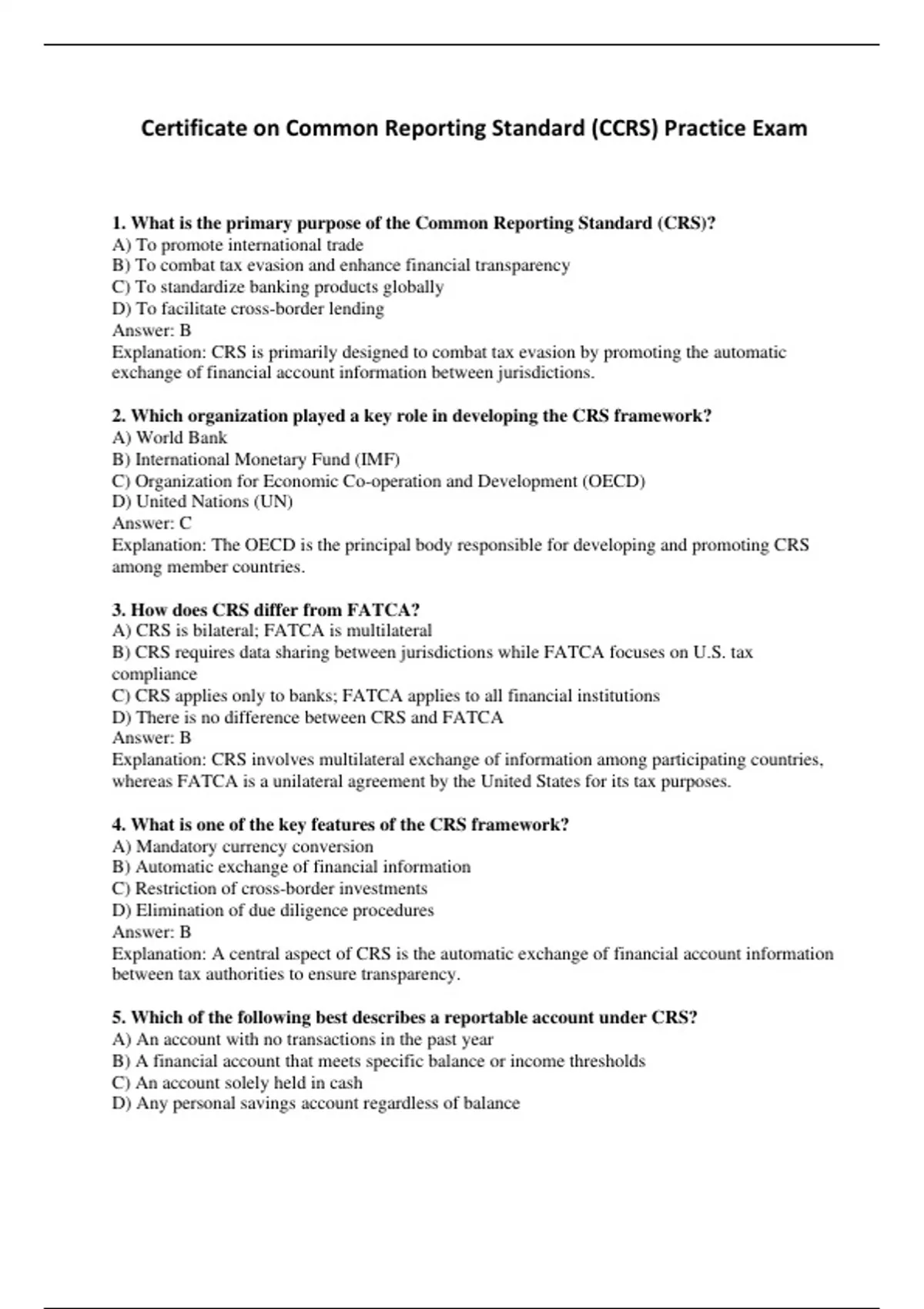 Certificate on Common Reporting Standard (CCRS) Practice Exam ...