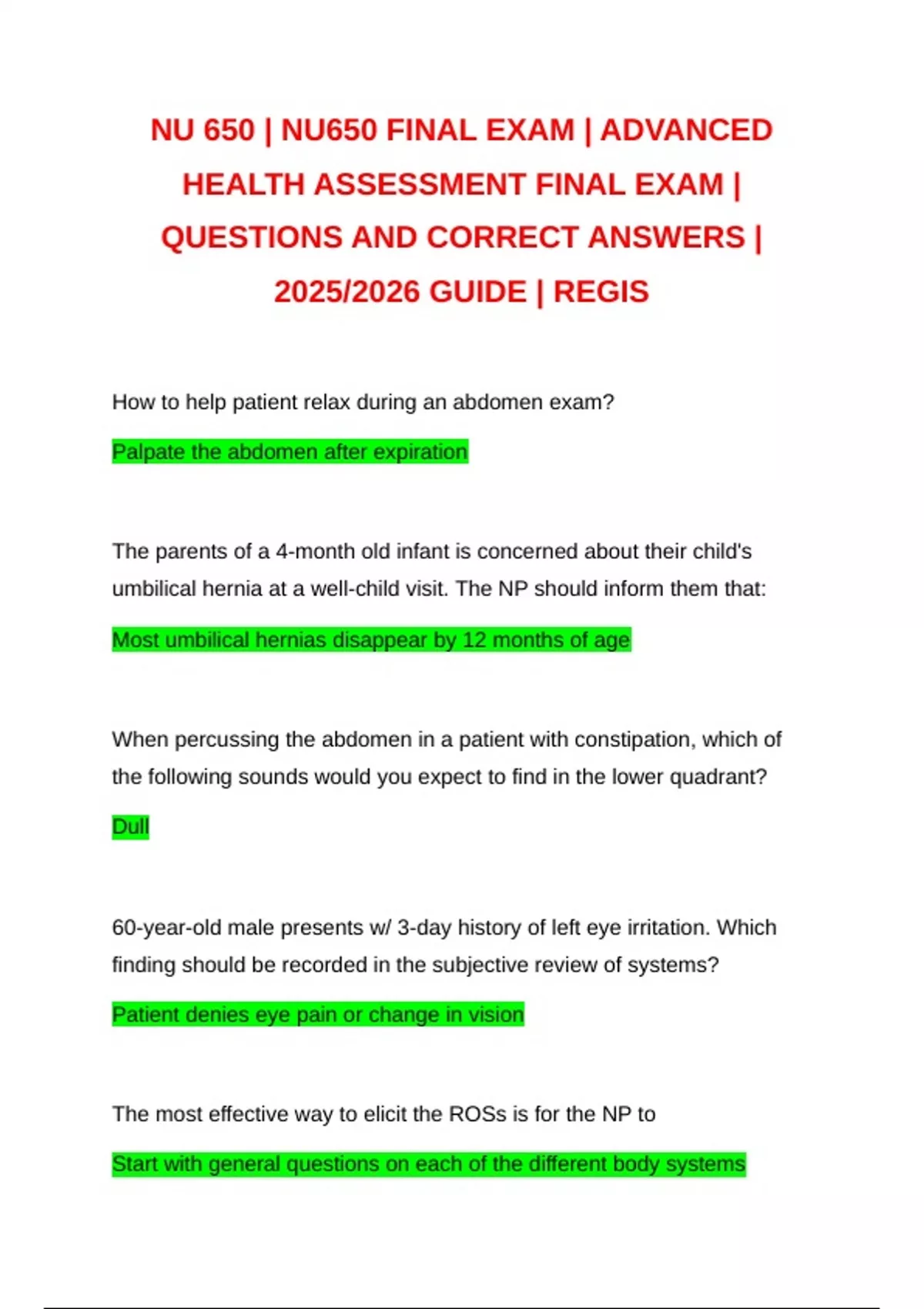 NU 650 | NU650 FINAL EXAM | ADVANCED HEALTH ASSESSMENT FINAL EXAM ...