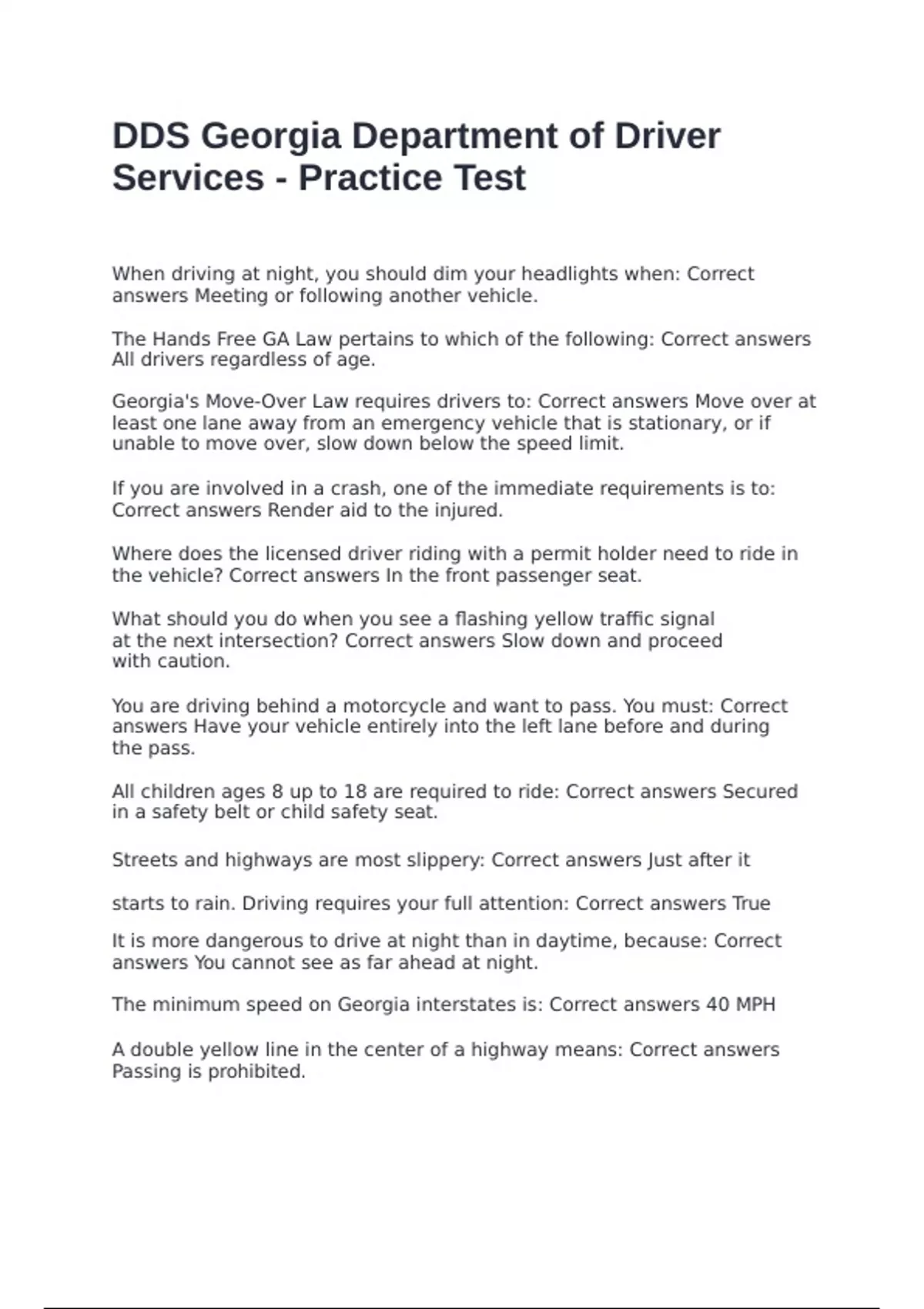 DDS Georgia Department of Driver Services exam with 100% correct ...