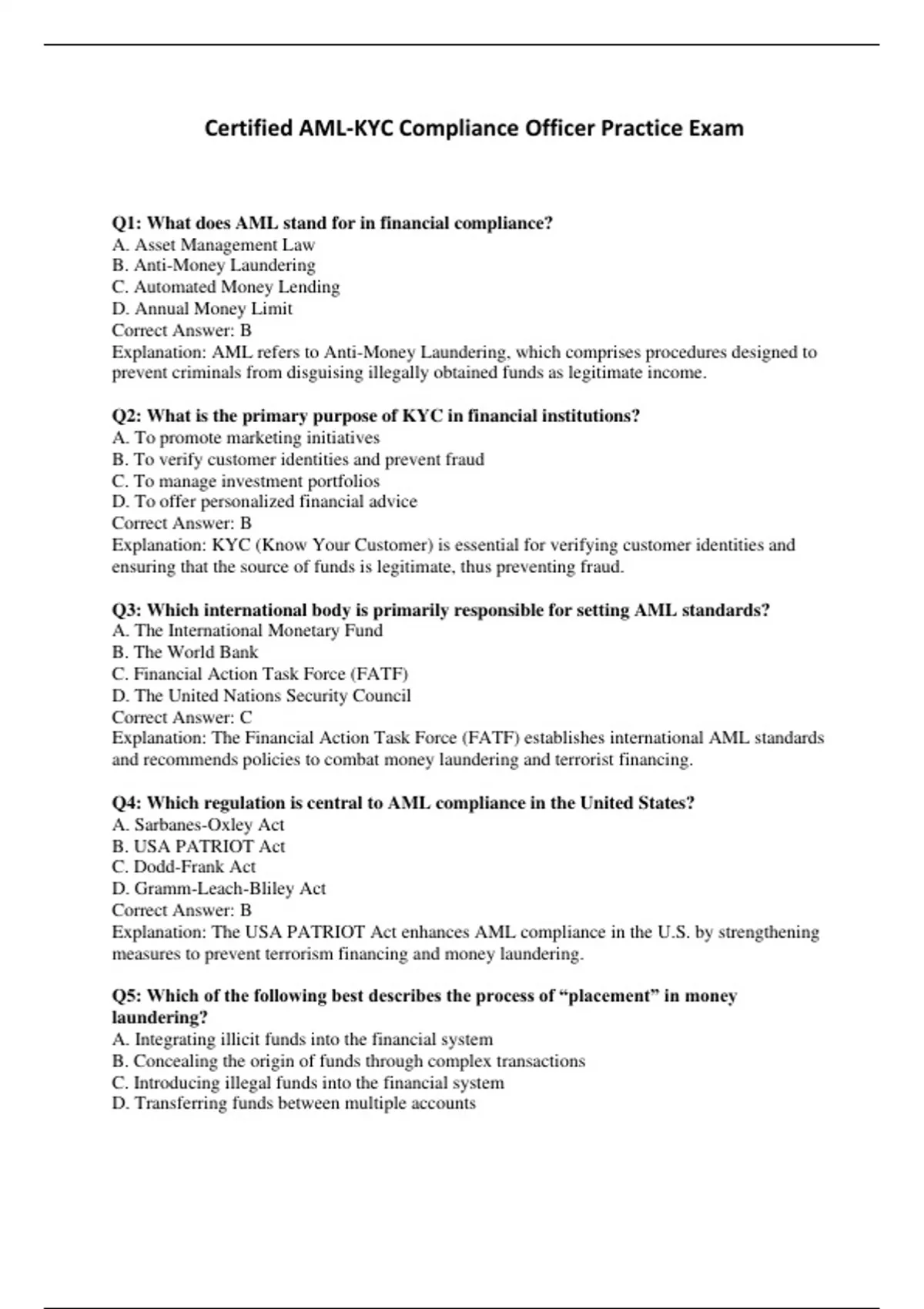 Certified AML-KYC Compliance Officer Practice Exam - Computers - Stuvia US