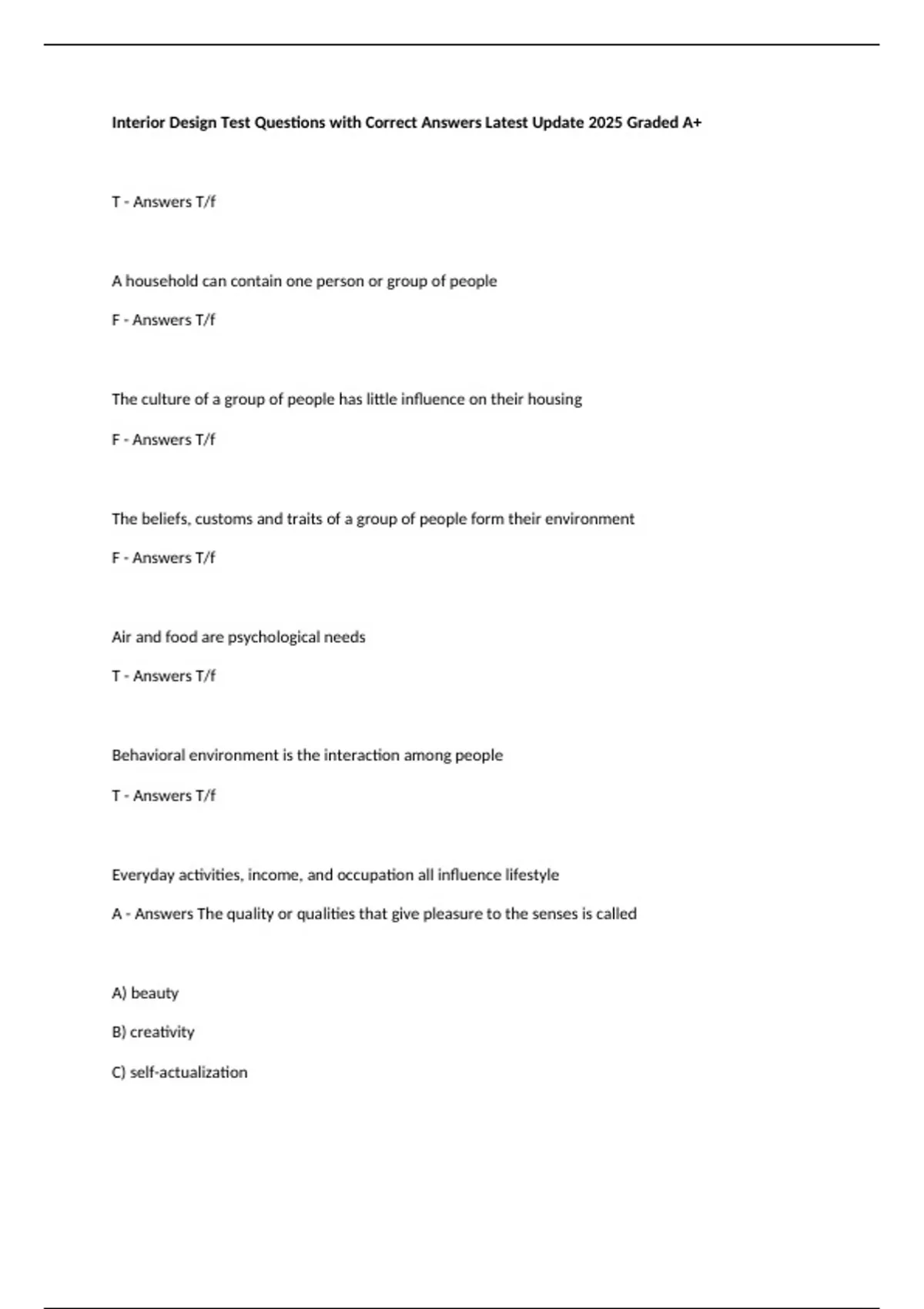 Interior Design Test Questions with Correct Answers Latest Update 2025 ...