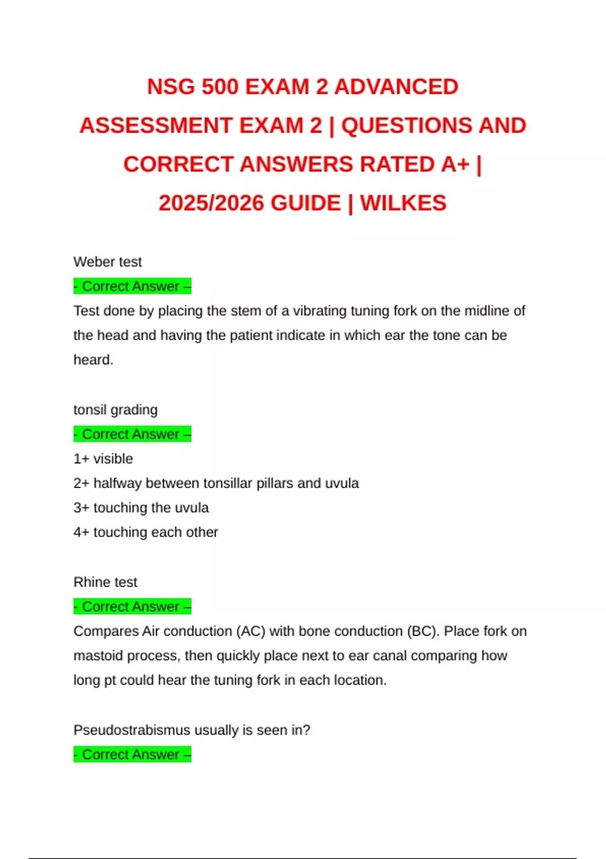 NSG 500 EXAM 2 ADVANCED ASSESSMENT EXAM 2 | QUESTIONS AND CORRECT ANSWERS RATED A+ | 2025/2026 ...