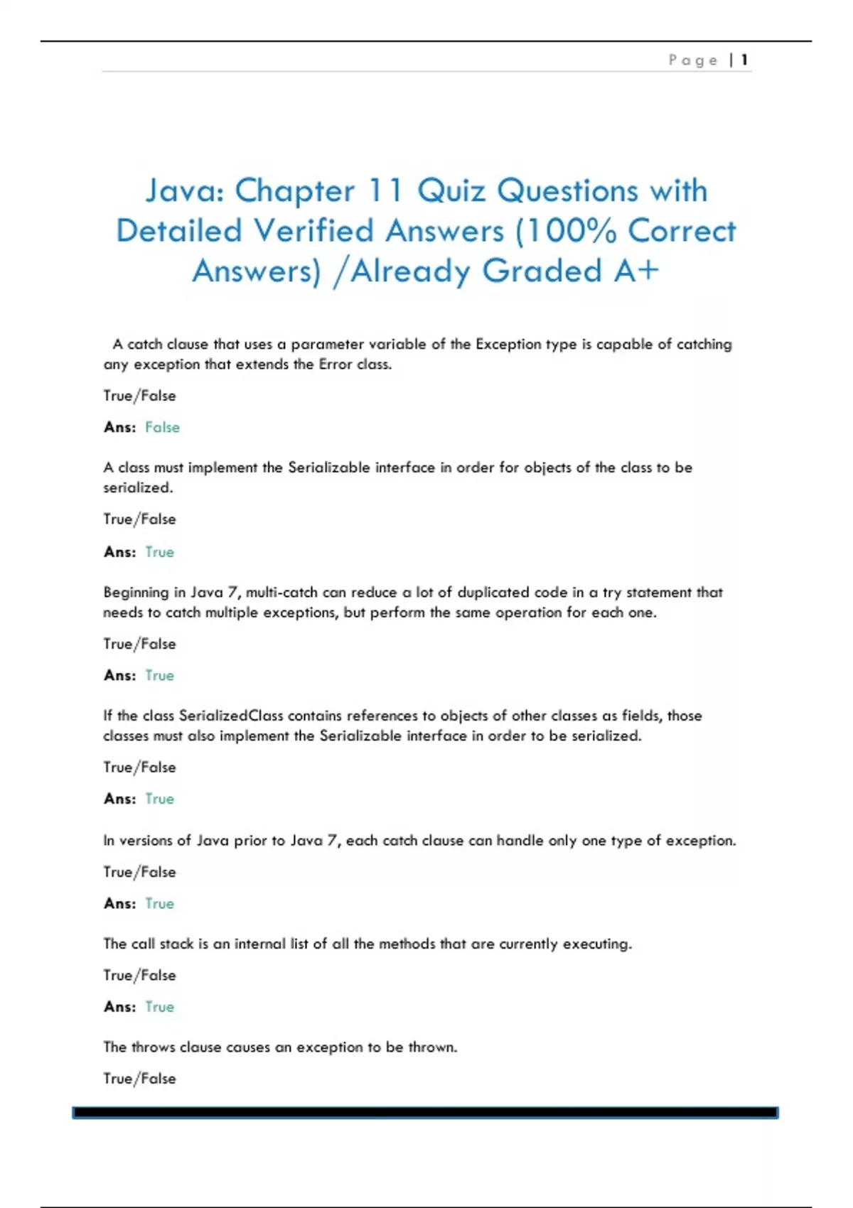 Java: Chapter 11 Quiz Questions with Detailed Verified Answers (100% Correct Answers) /Already ...
