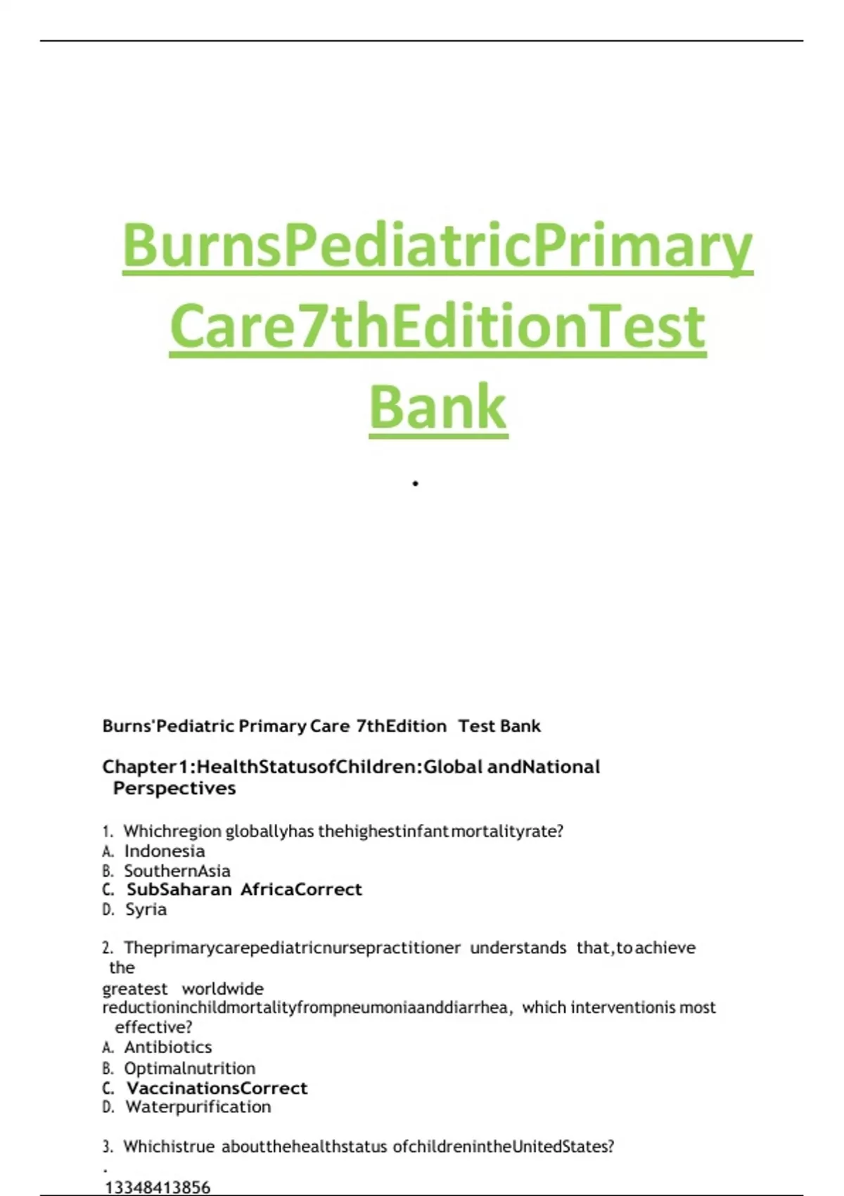 BURNS' PEDIATRIC PRIMARY CARE 7TH EDITION TEST BANK - BURNS ...