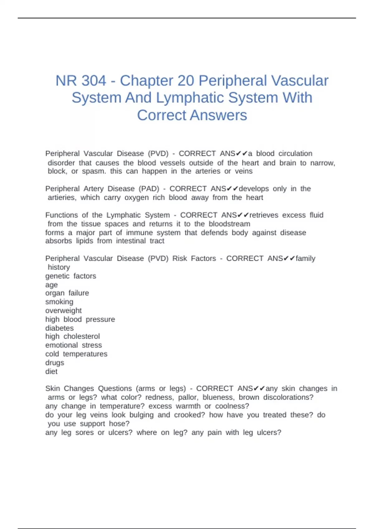 NR 304 - Chapter 20 Peripheral Vascular System And Lymphatic System With Correct Answers - NR ...