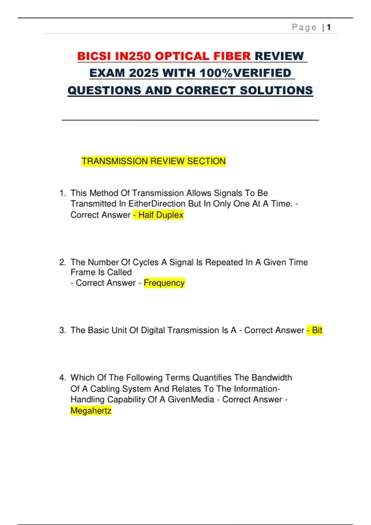 BICSI IN250 OPTICAL FIBER REVIEW EXAM 2025 WITH 100% VERIFIED QUESTIONS ...