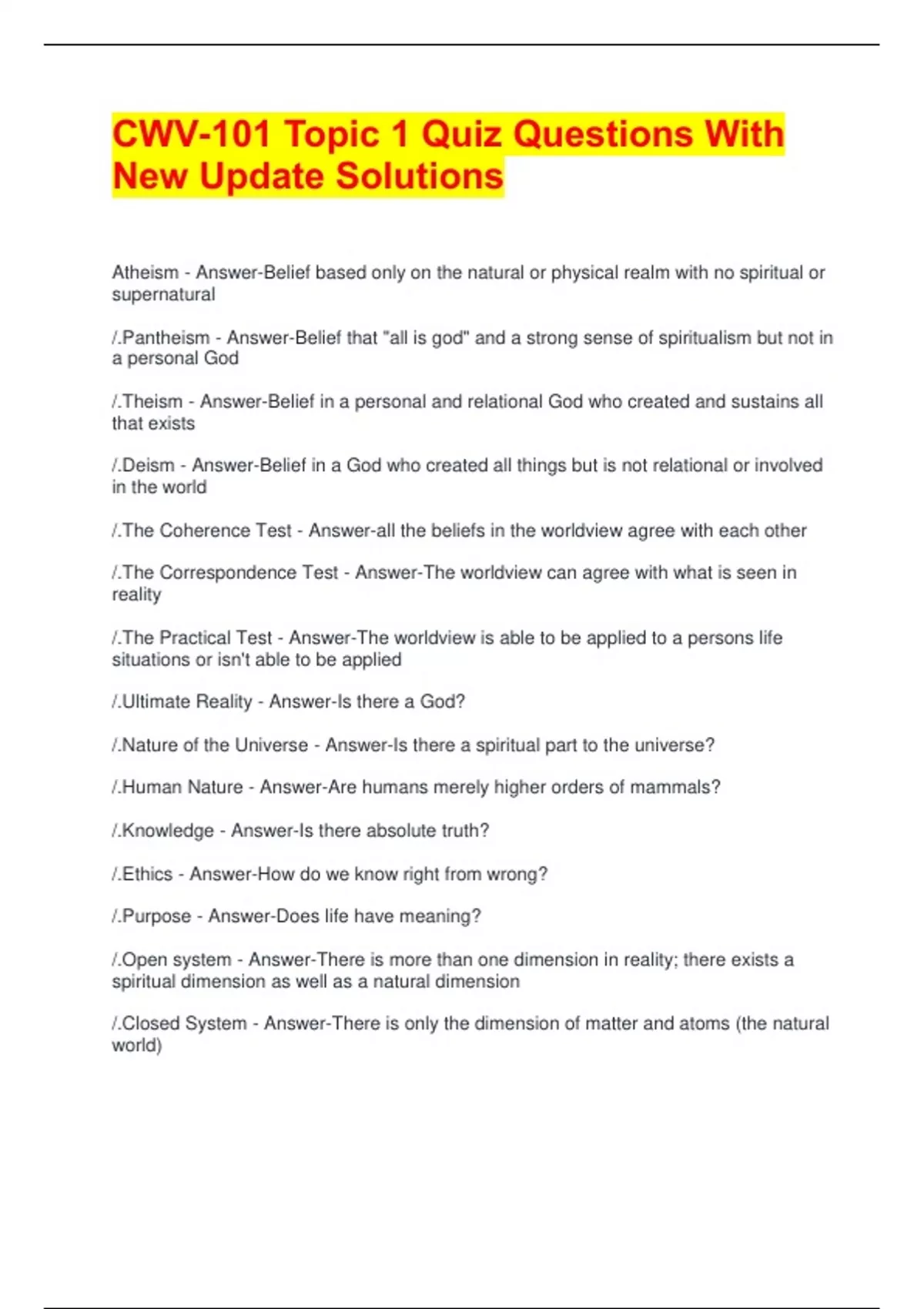 CWV-101 Topic 1 Quiz Questions With New Update Solutions - CWV-101 - Stuvia US