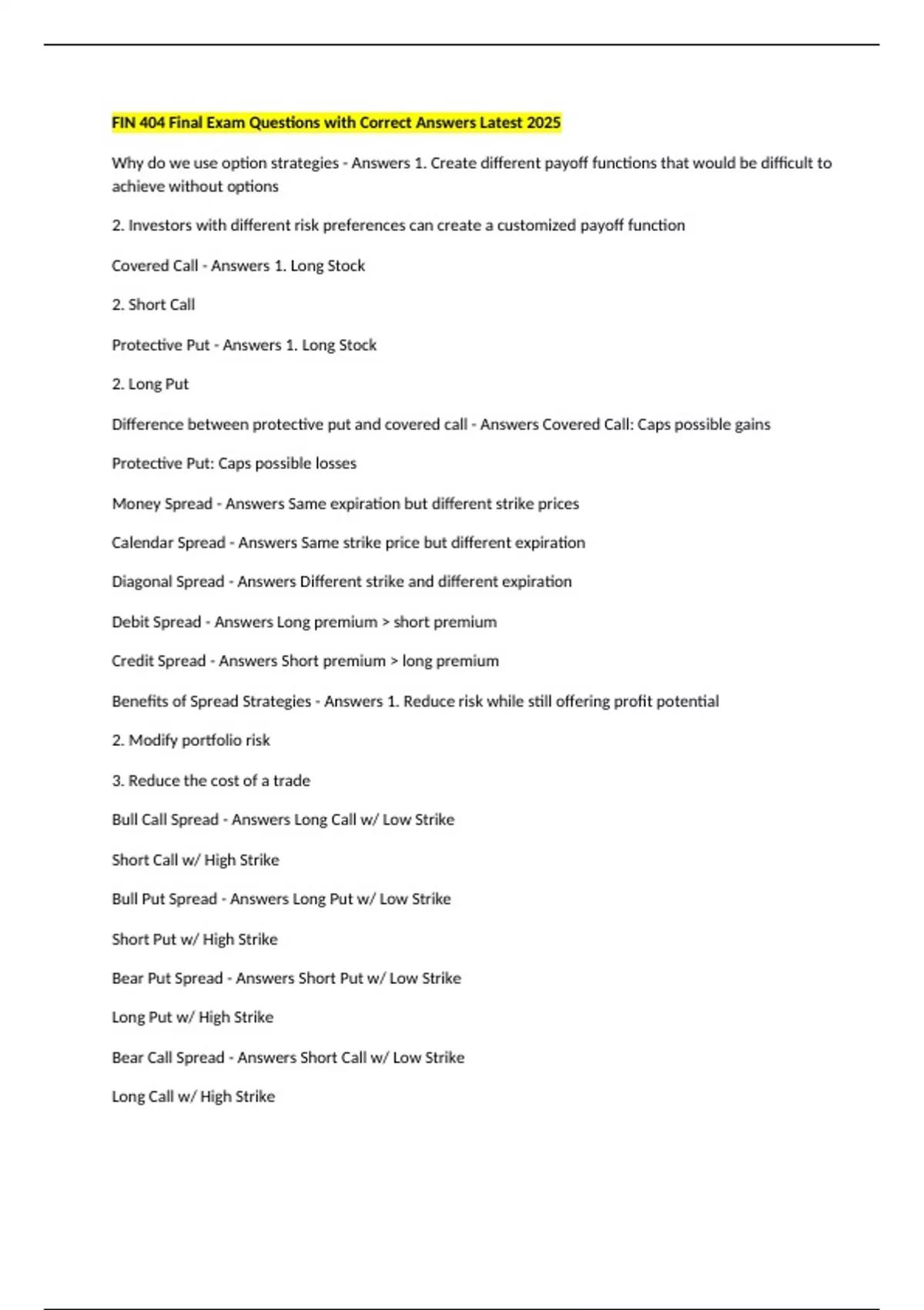 FIN 404 Final Exam Questions with Correct Answers Latest 2025 - FIN 404 ...