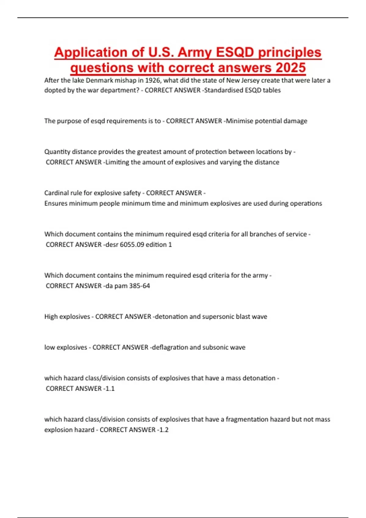 Application of US Army ESQD Principles Bundled Exams Questions and ...