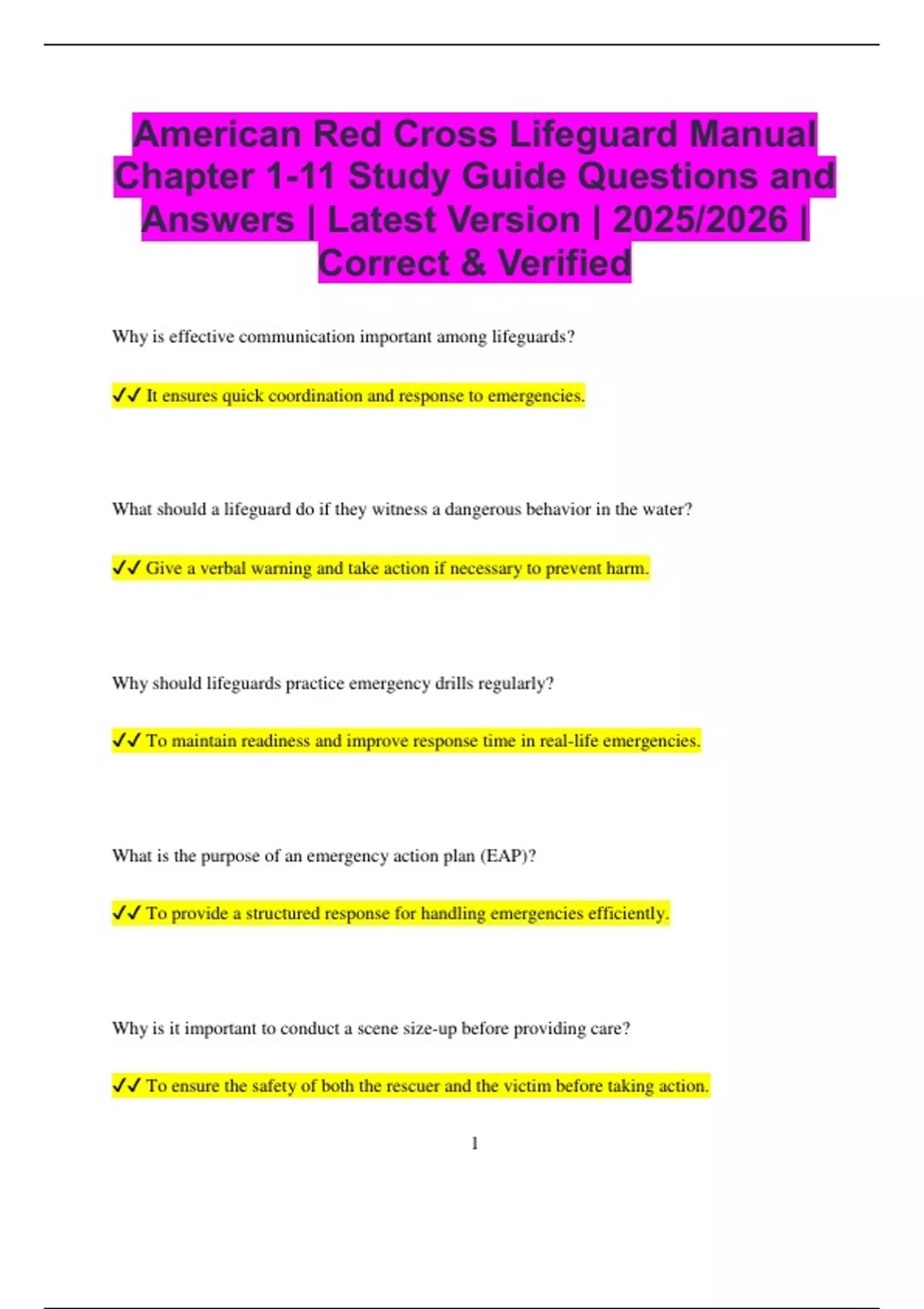 American Red Cross Lifeguard Manual Chapter 1-11 Study Guide Questions ...