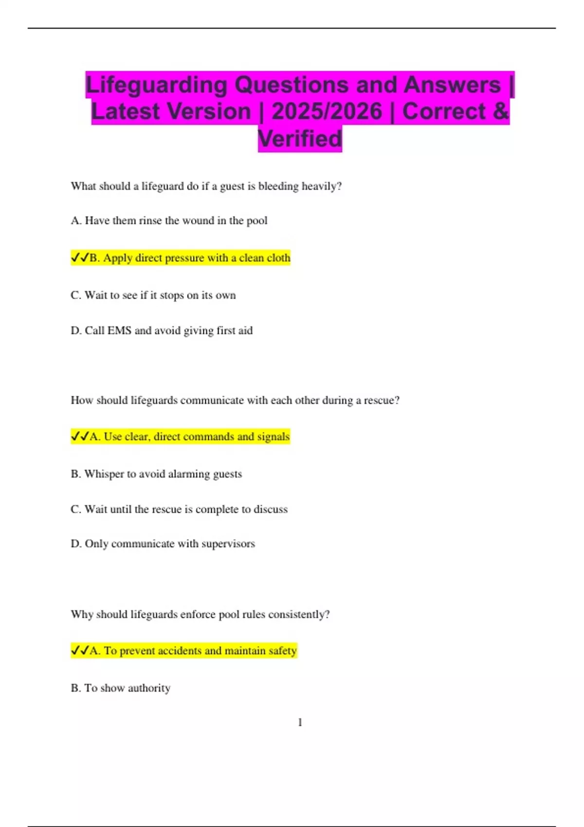 Lifeguarding Questions and Answers | Latest Version | 2025/2026 ...