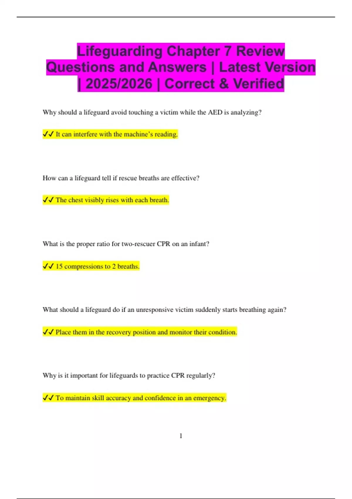 Lifeguarding Chapter 7 Review Questions and Answers | Latest Version ...