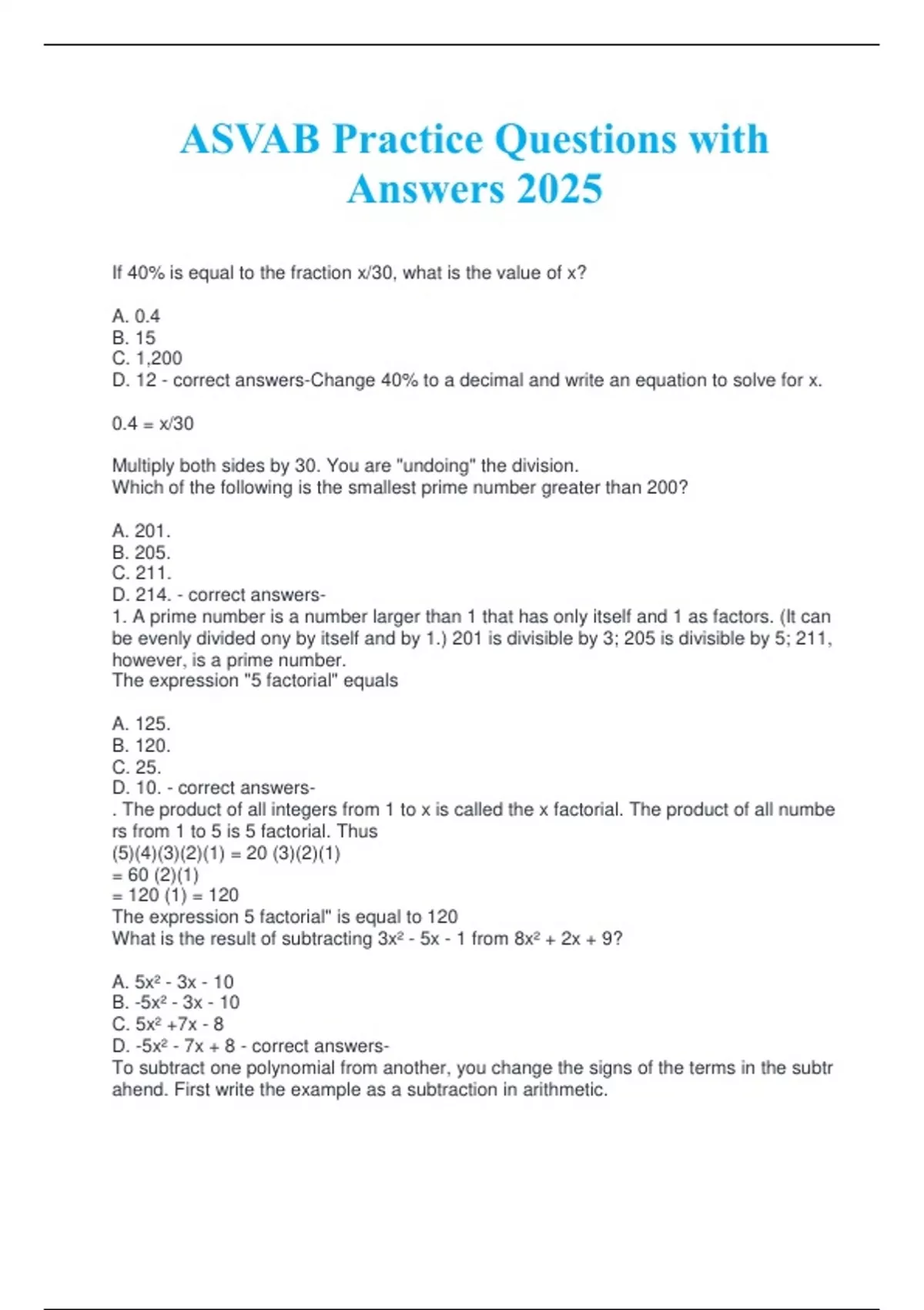 Asvab Practice Questions With Answers 2025 Asvab Stuvia Us