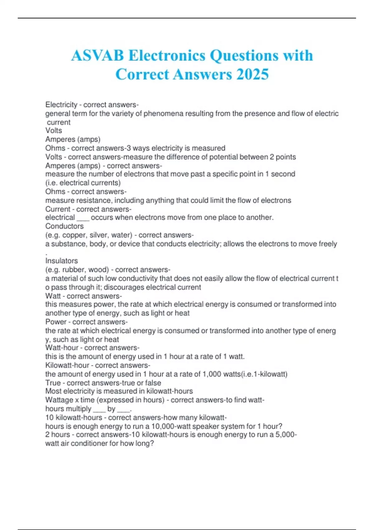 ASVAB Electronics Questions with Correct Answers 2025 - ASVAB - Stuvia US
