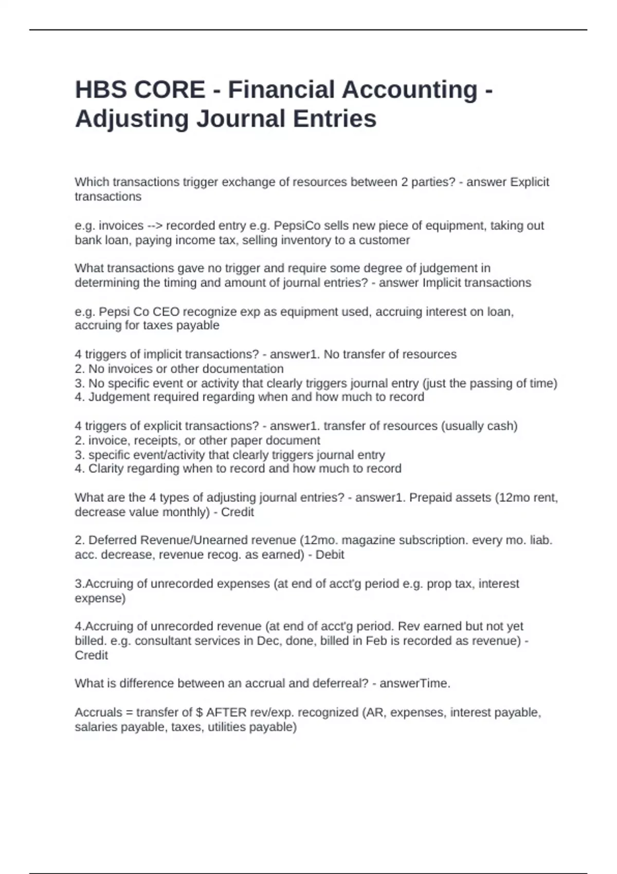 HBS CORE - Financial Accounting - Adjusting Journal Entries Questions ...