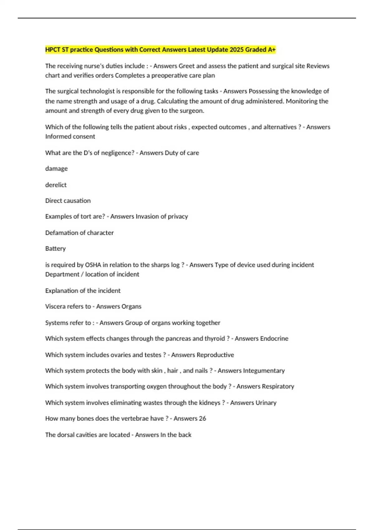 HPCT ST practice Questions with Correct Answers Latest Update 2025 ...