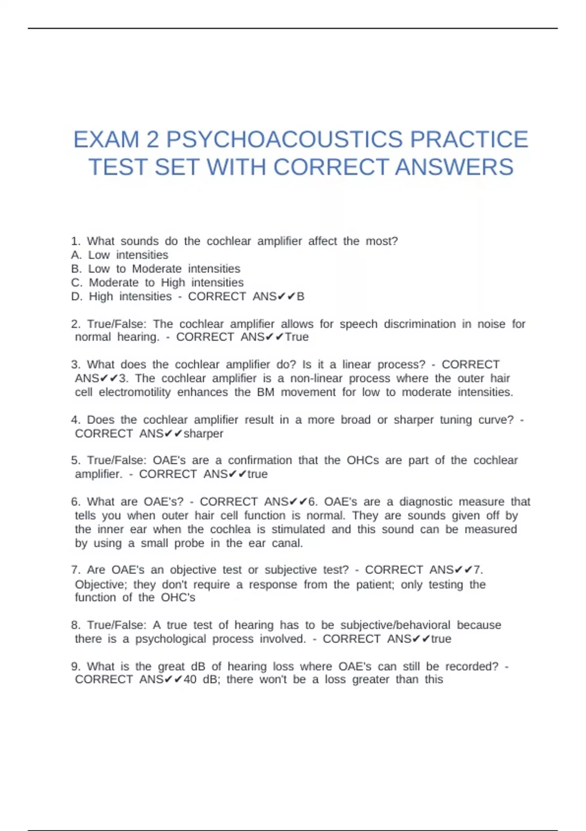 EXAM 2 PSYCHOACOUSTICS PRACTICE TEST SET WITH CORRECT ANSWERS ...