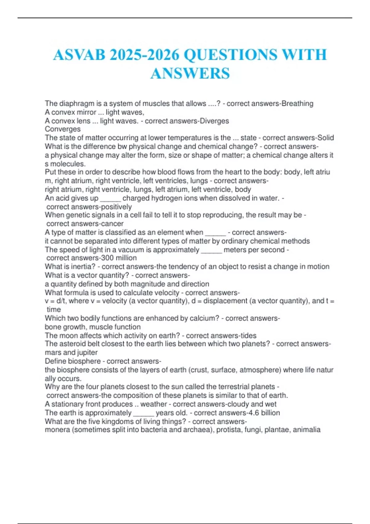 ASVAB QUESTIONS WITH ANSWERS - ASVAB - Stuvia US