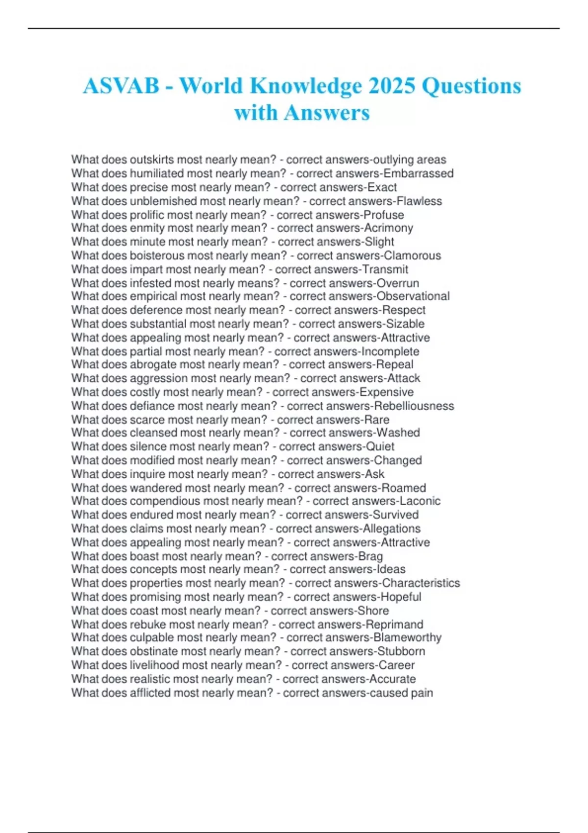 ASVAB - World Knowledge 2025 Questions with Answers - ASVAB - Stuvia US