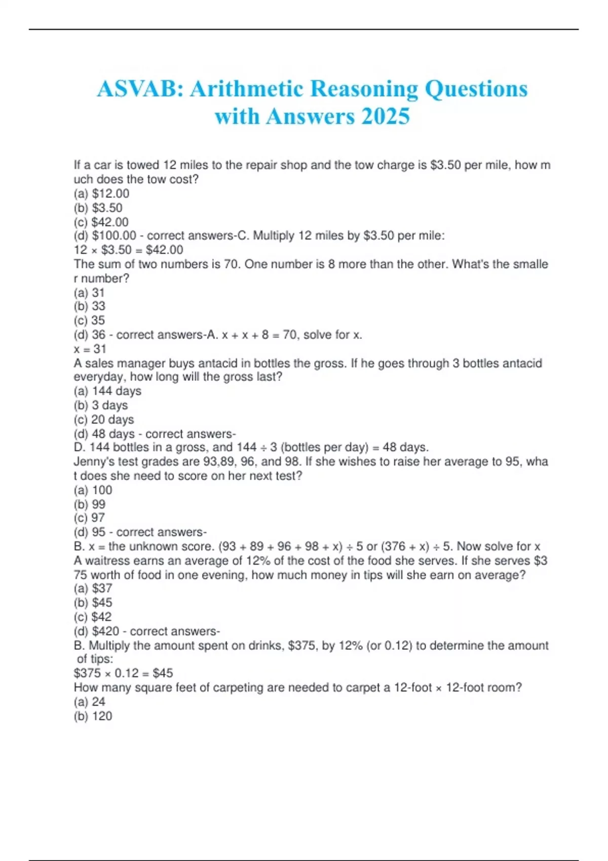 ASVAB Arithmetic Reasoning Questions with Answers 2025 - ASVAB - Stuvia US