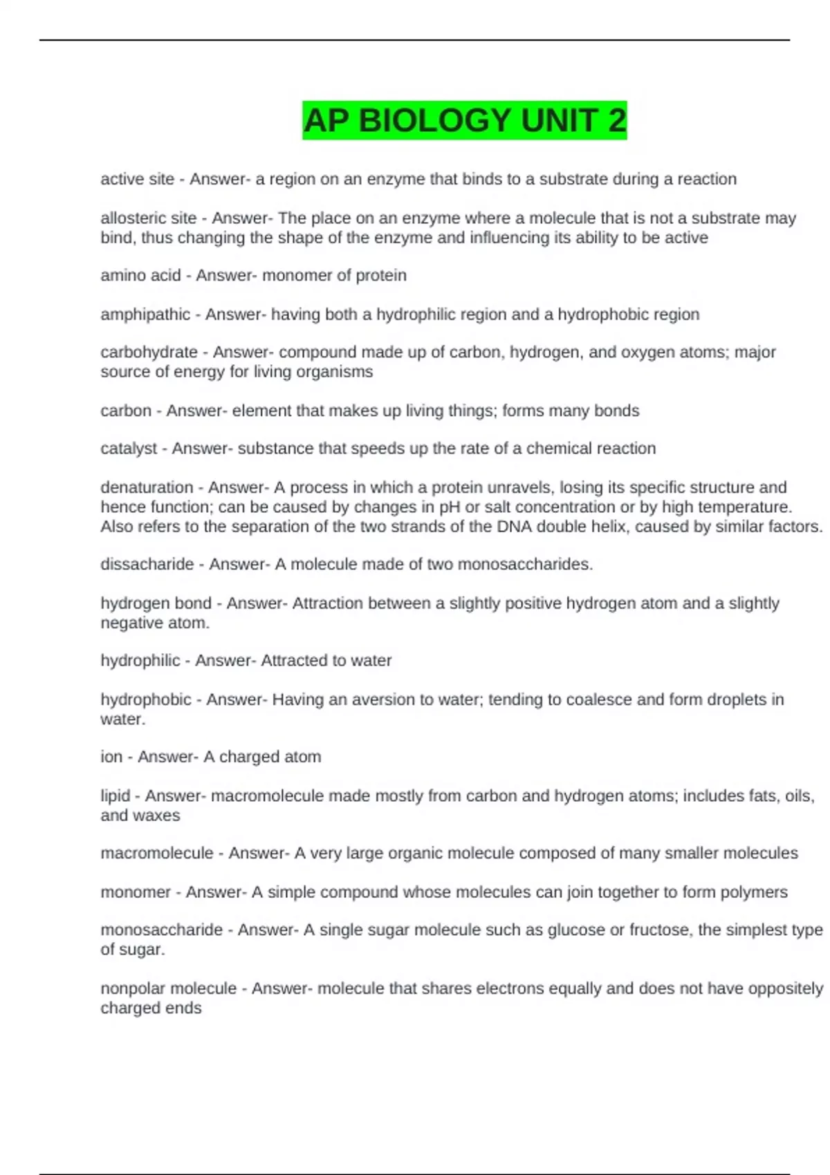 AP BIOLOGY UNIT 2 EXAM QUESTIONS AND ANSWERS - AP BIOLOGY UNIT 2 ...