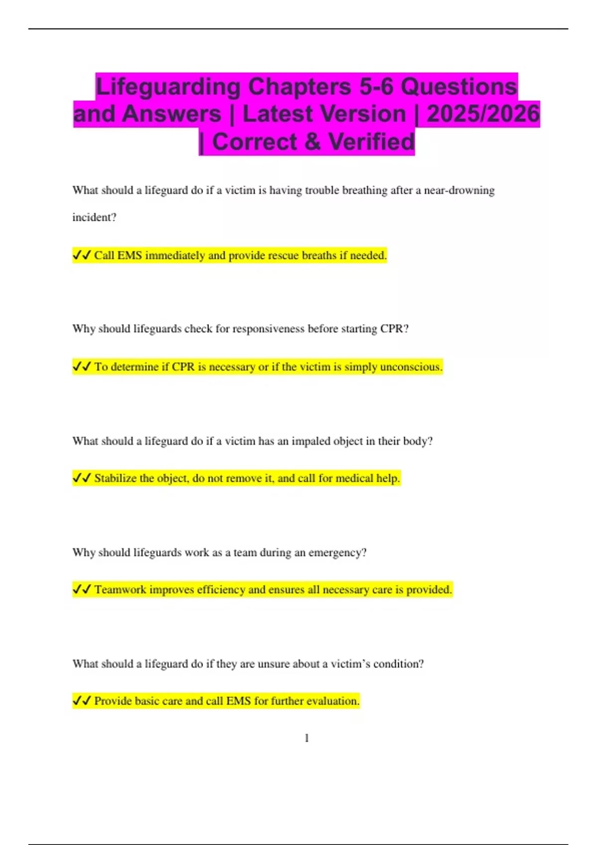 Lifeguarding Chapters 5-6 Questions and Answers | Latest Version | 2025 ...