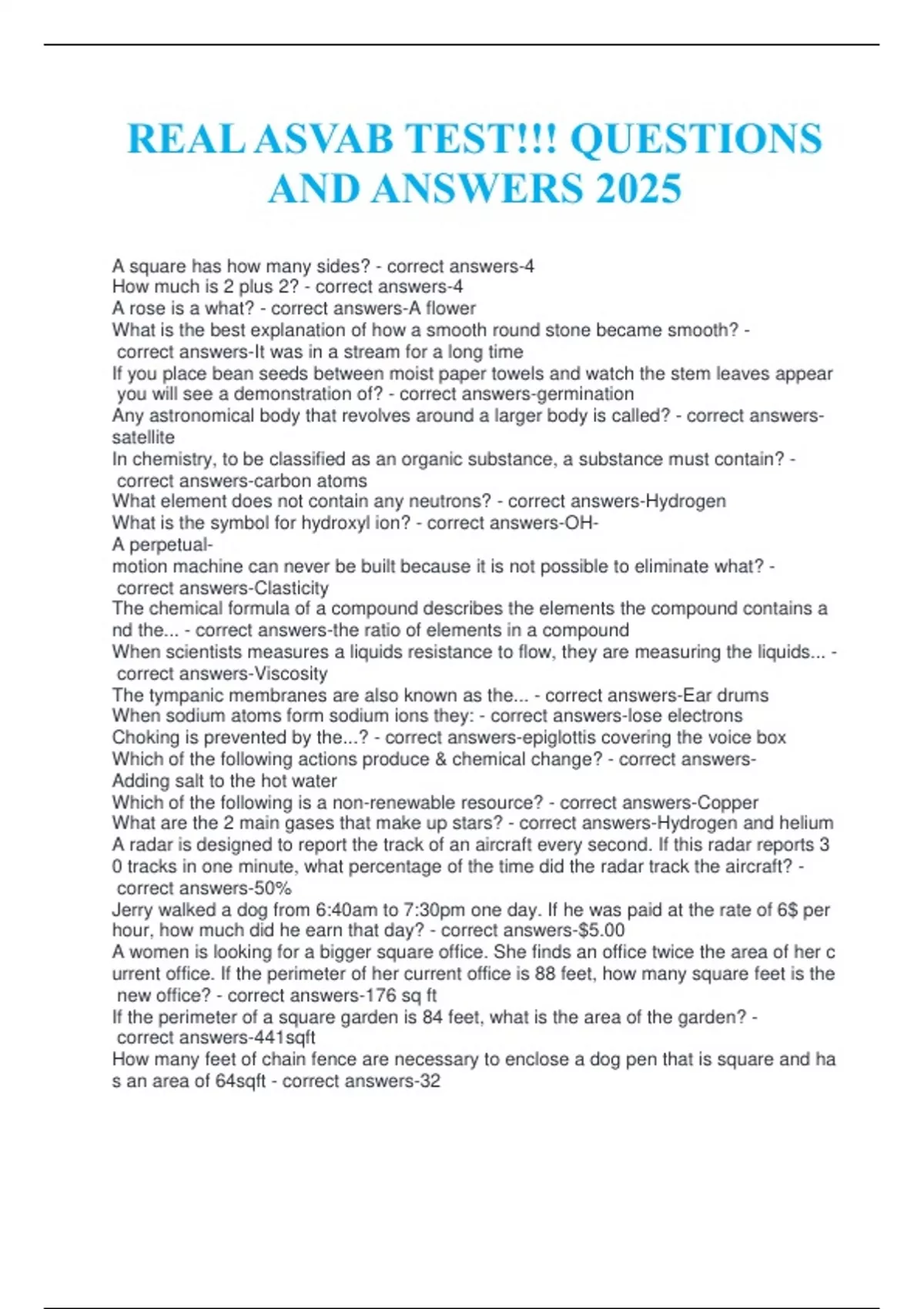 REAL ASVAB TEST!!! QUESTIONS AND ANSWERS 2025 - ASVAB - Stuvia US