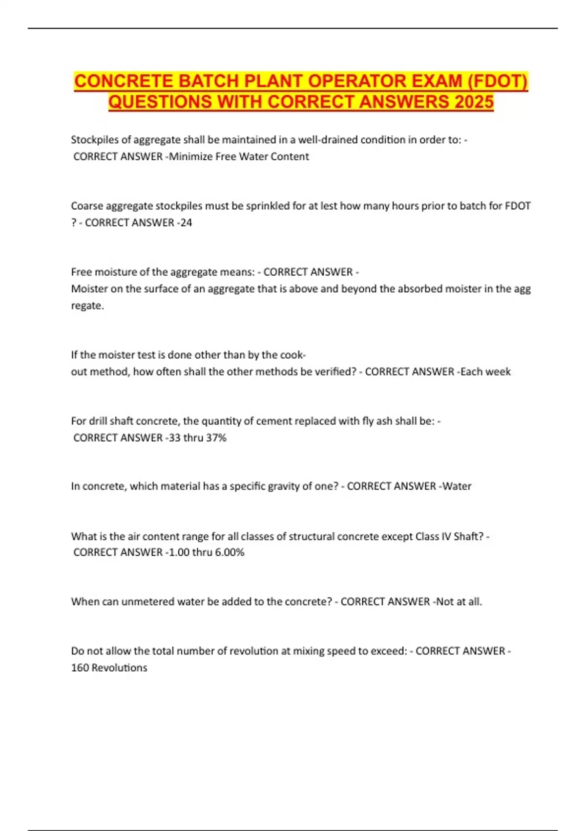 CONCRETE BATCH PLANT OPERATOR EXAM (FDOT) QUESTIONS WITH CORRECT ...