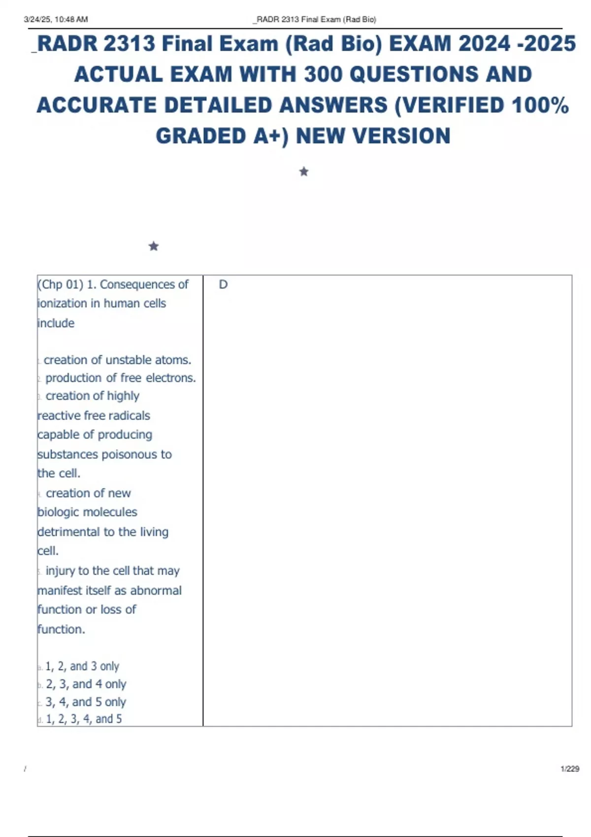 RADR 2313 Final Exam (Rad Bio) EXAM ACTUAL EXAM WITH 300 QUESTIONS AND ...