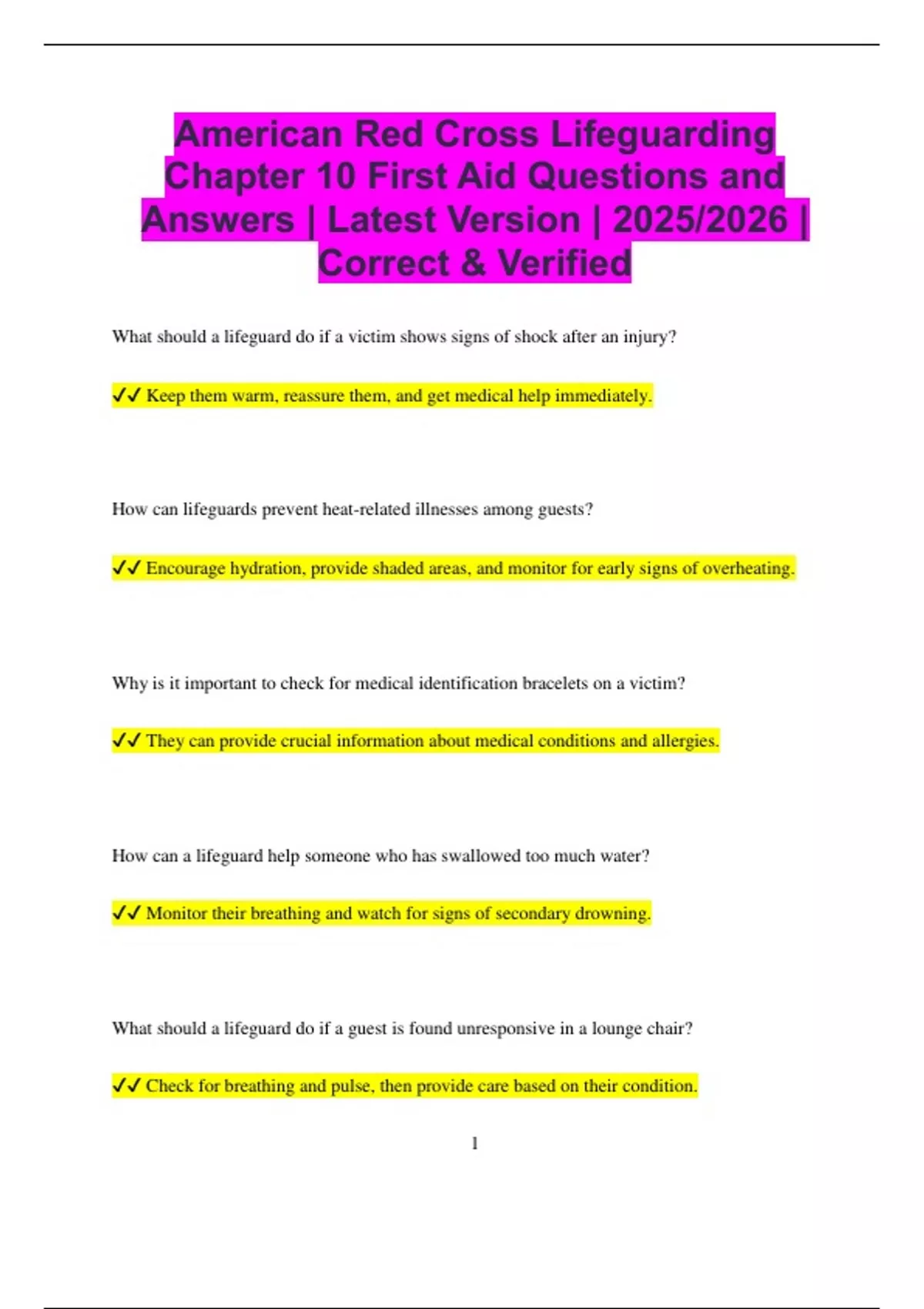 American Red Cross Lifeguarding Chapter 10 First Aid Questions and ...