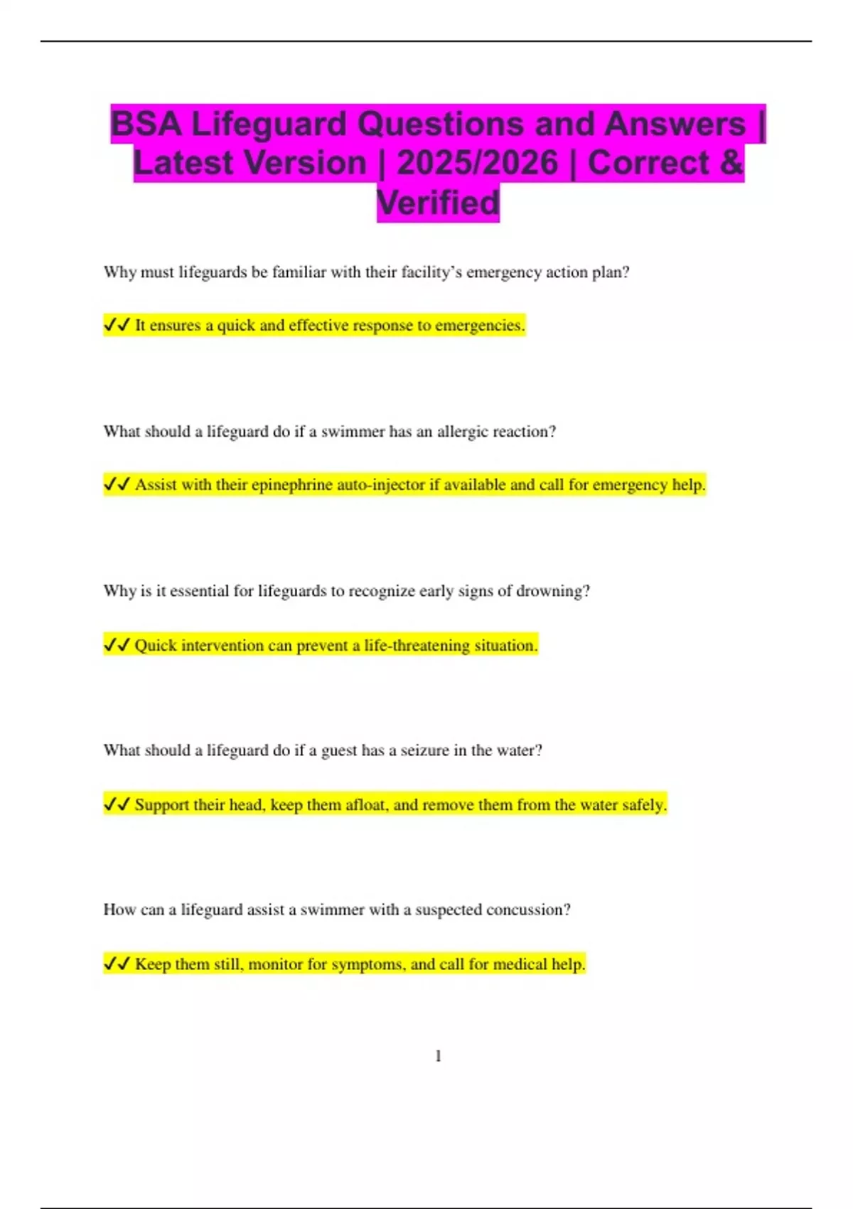 BSA Lifeguard Questions and Answers | Latest Version | 2025/2026 ...